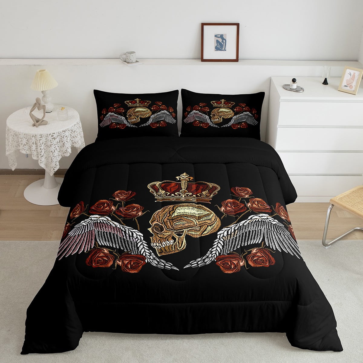 Skull Golden Crown Bedding Comforter Sets Human Skeleton with Angel ...