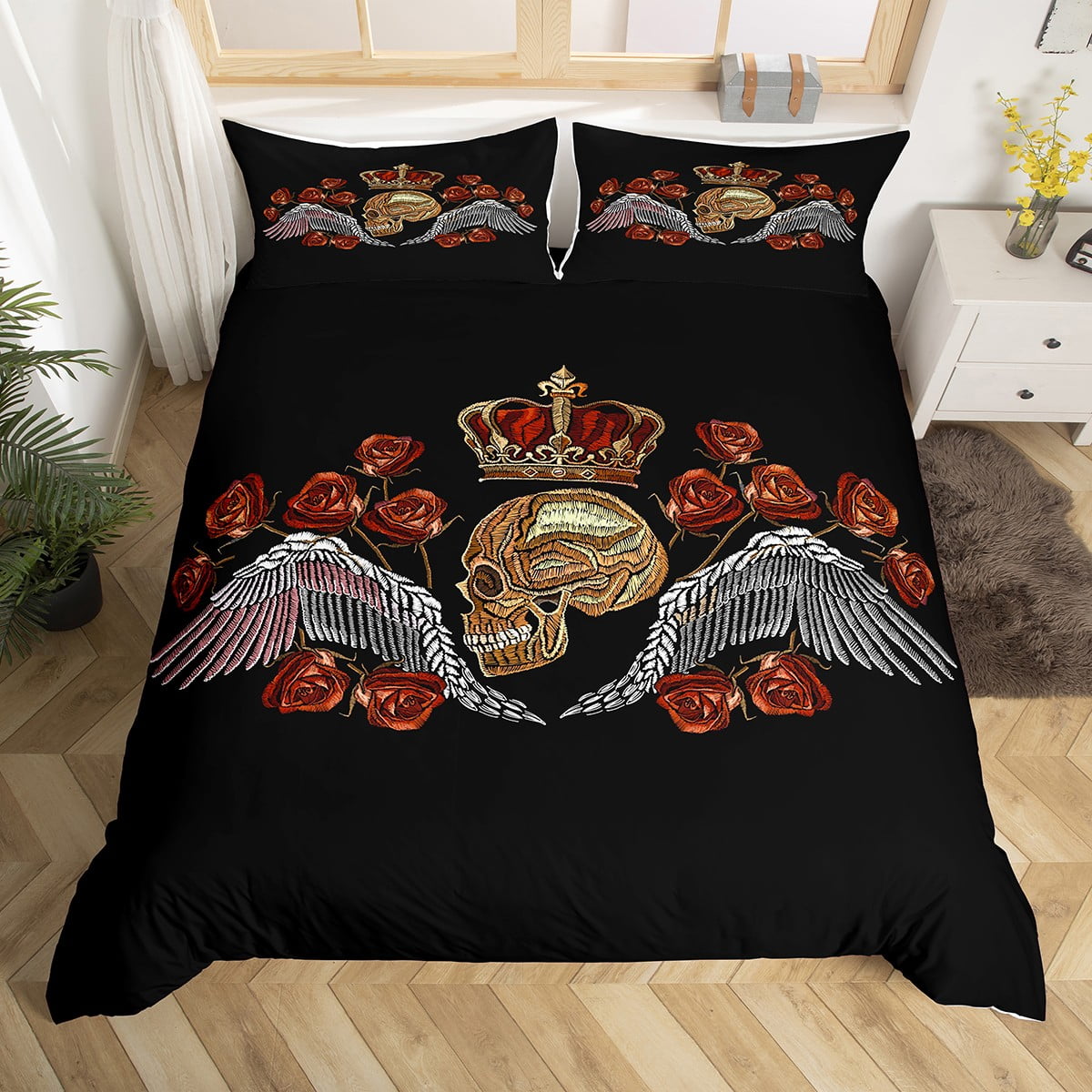 Skull Golden Crown Duvet Cover Human Skeleton with Angel Wings Bedding ...