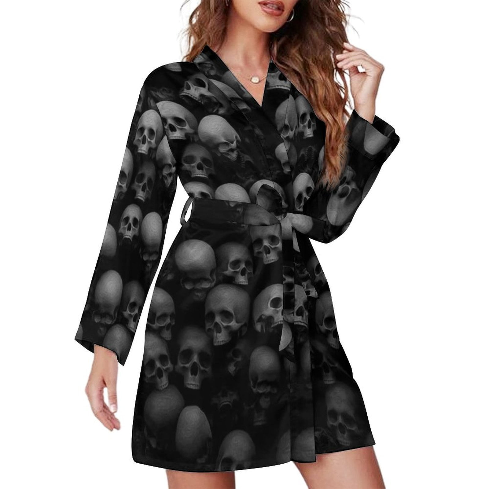 Skull Goth Skull Art Night Robe Long Sleeve V Neck Robe With Belt Women ...