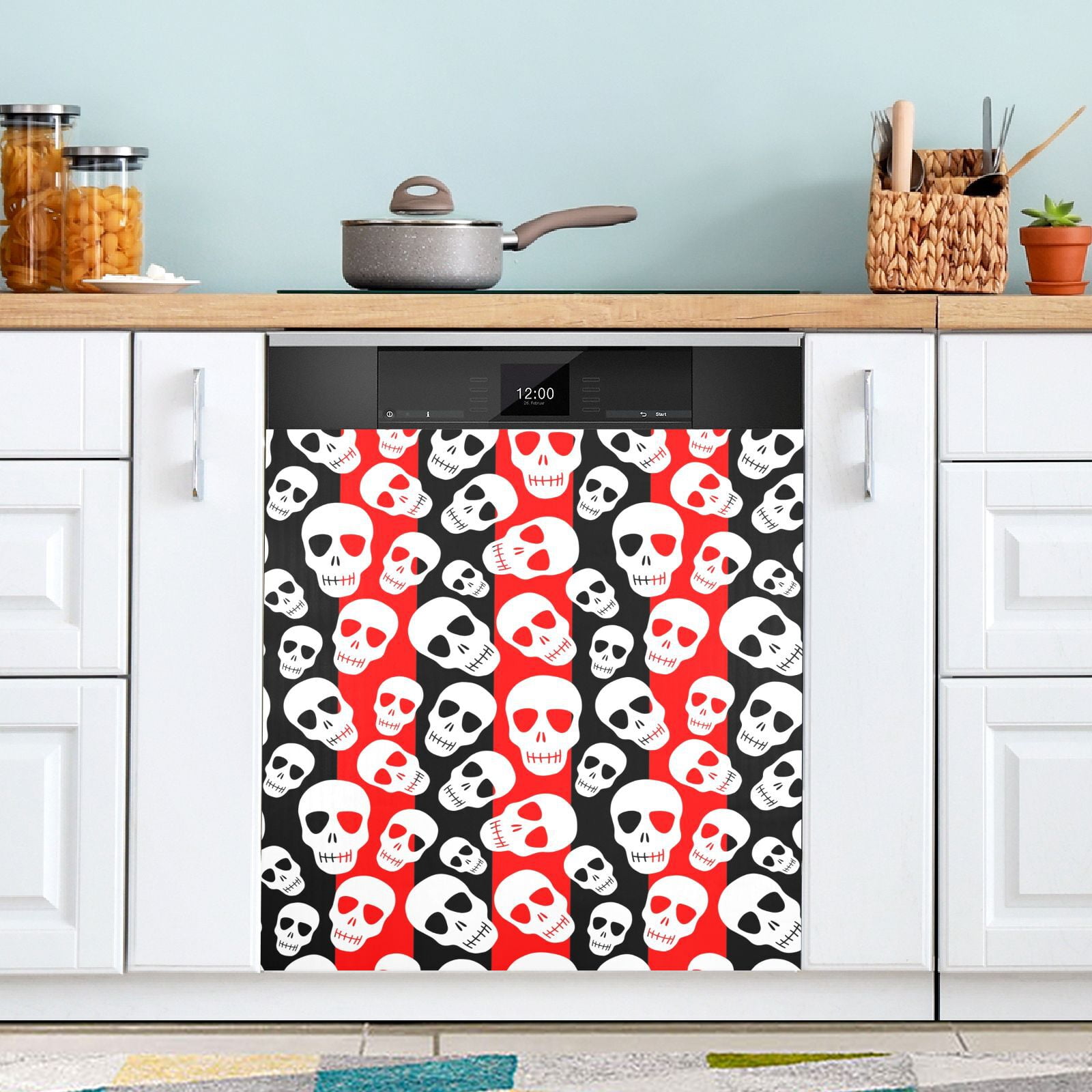 Skull Halloween Black and Red Striped Dishwasher Magnet Cover Magnetic ...