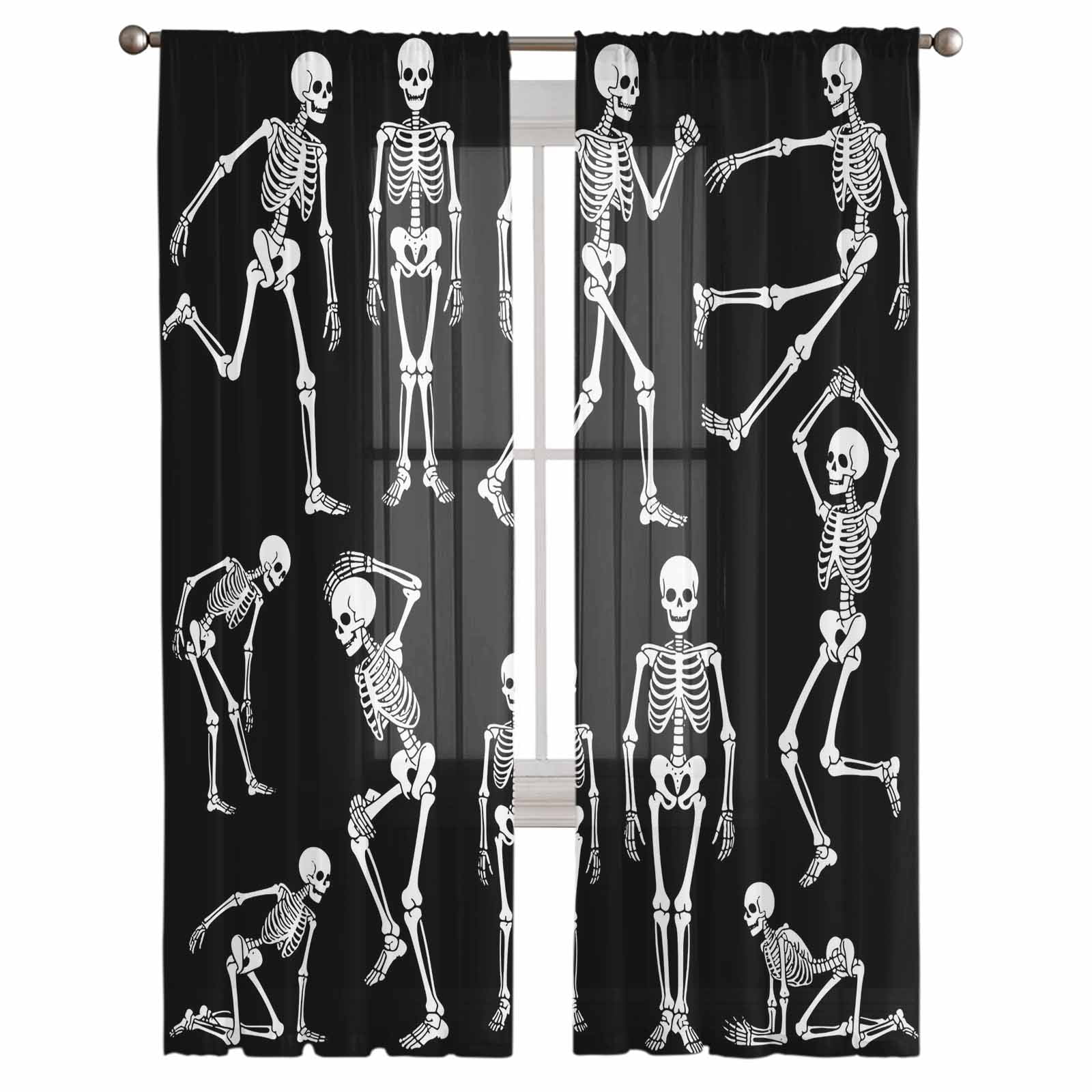 Skull Halloween Semi Sheer Curtains 108 Inch Length 2 Panels Set, Retro ...