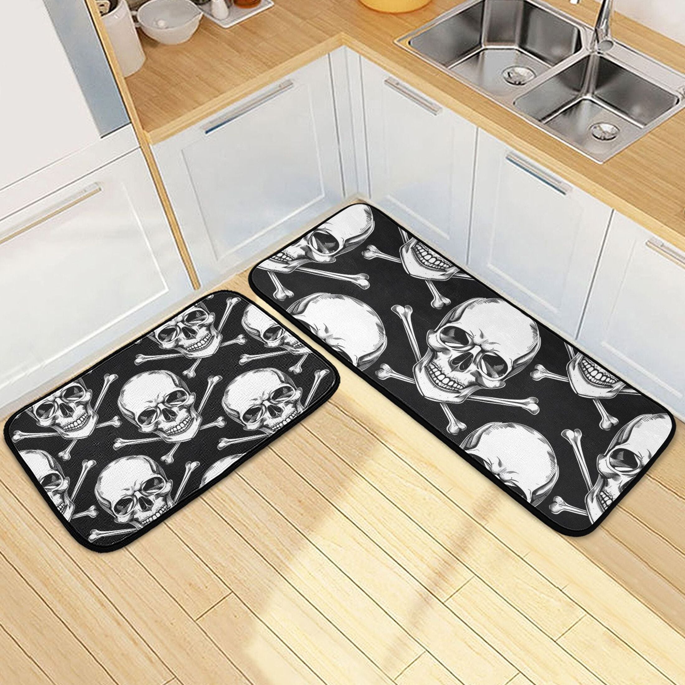 Skull Head Kitchen Rugs Set of 2 Non Slip Floor Foam Mat Cushioned Soft ...