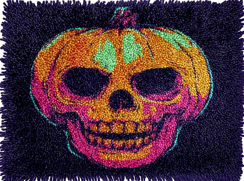 Skull Head in Pumpkin Colorful Latch Hook Rug kits Pre-printed Crochet ...