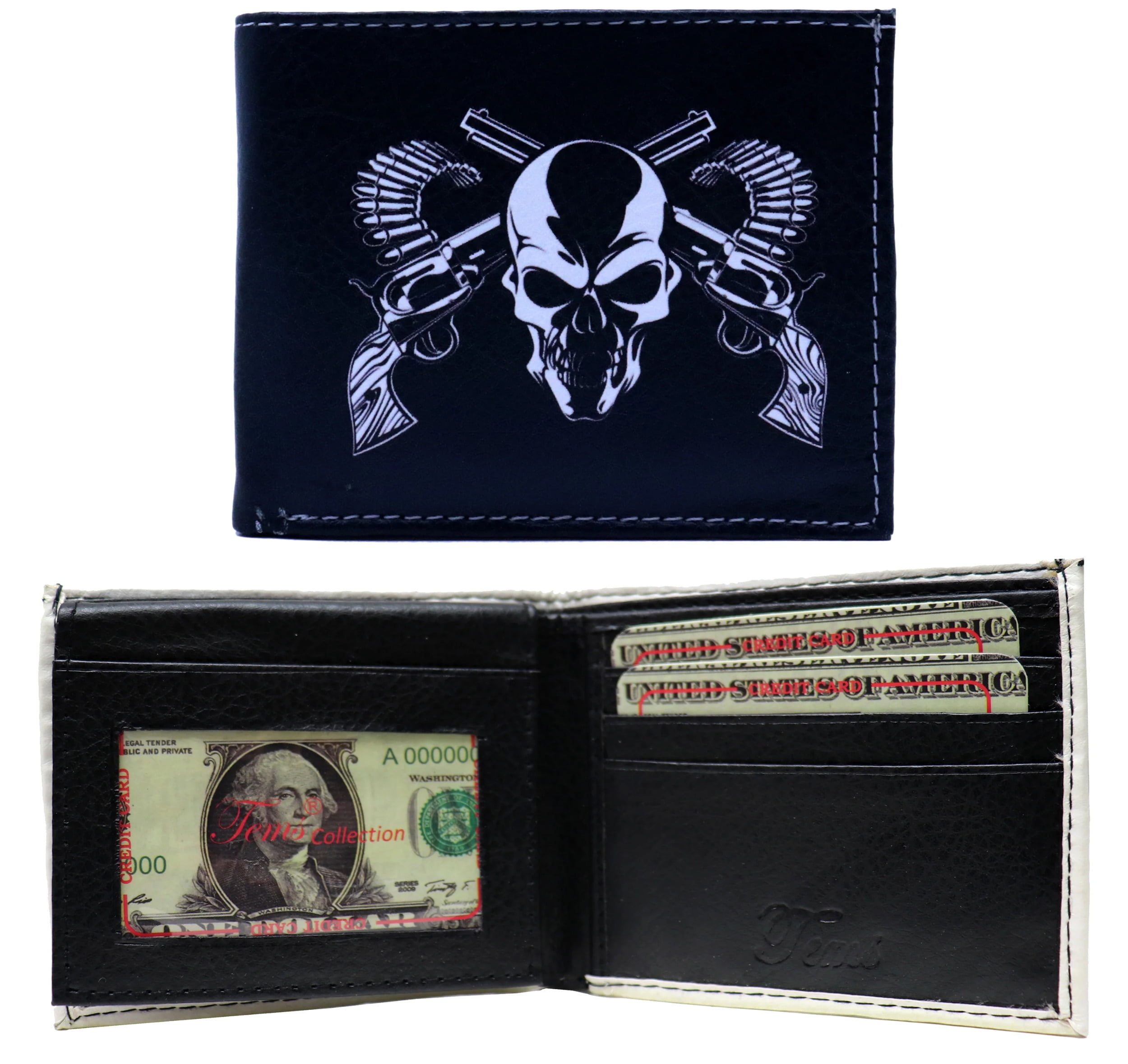 Skull Head Revolver Guns Leather Bi-Fold Bifold Wallet - Walmart.com