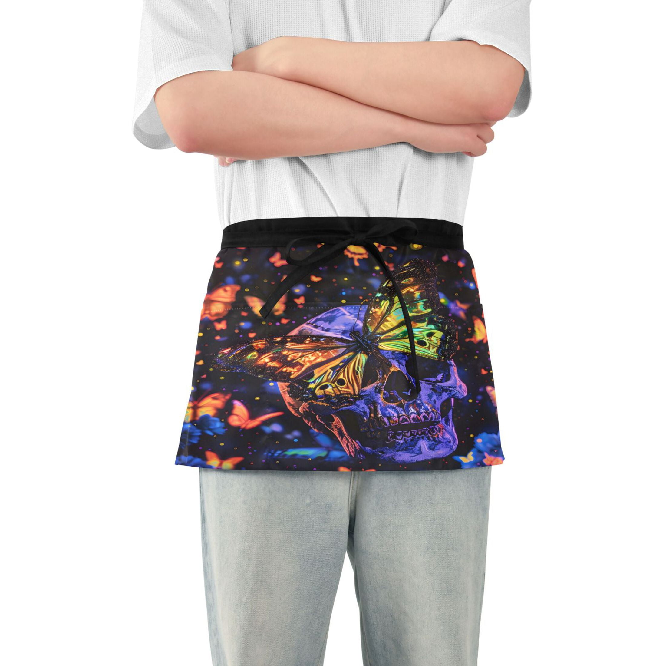 Skull Head with Colorful Butterfly Server Apron with 3 Pockets ...