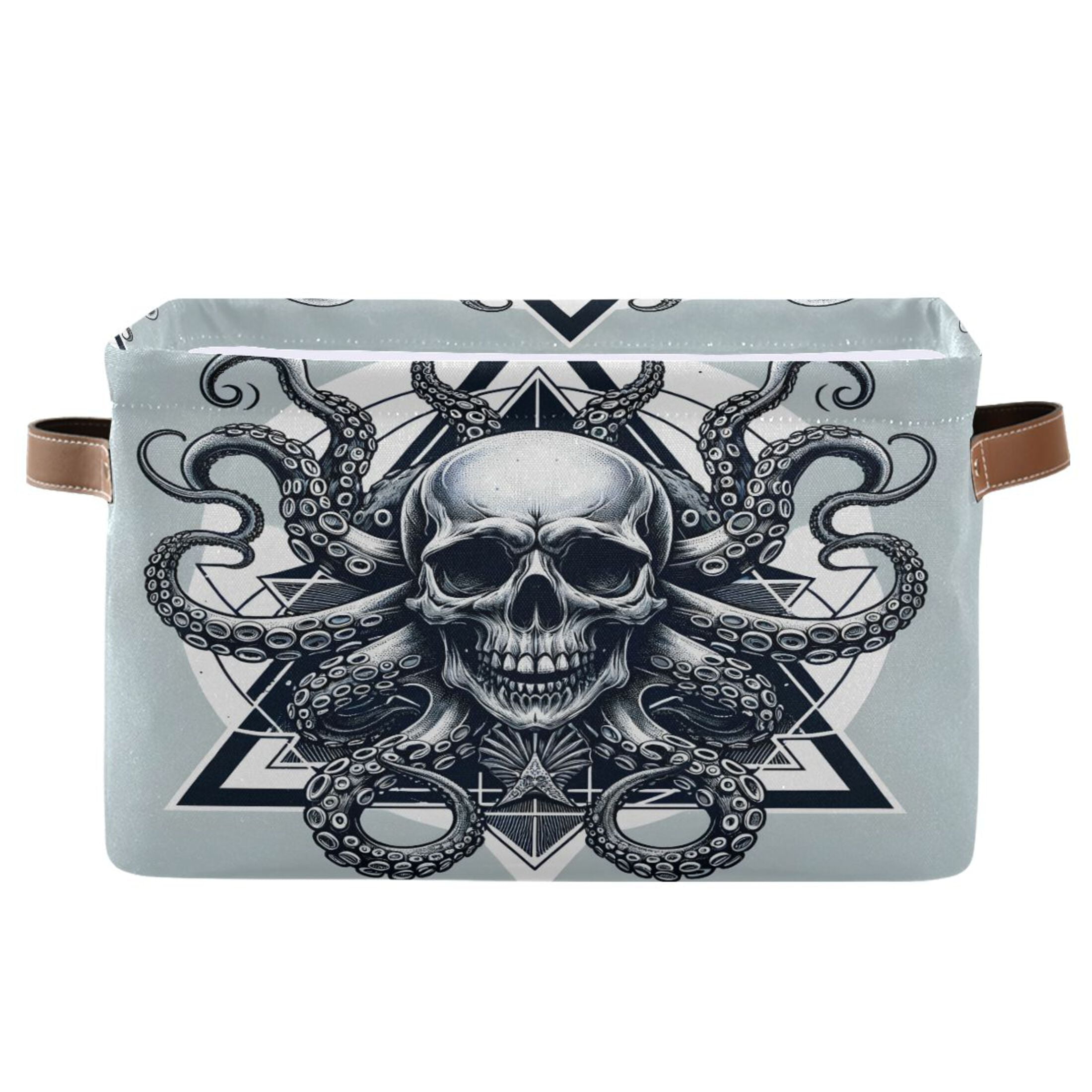 Skull Head with Octopus Storage Bins with Handle Fabric Organizer Basket Foldable Box 1 Pack 14 ...