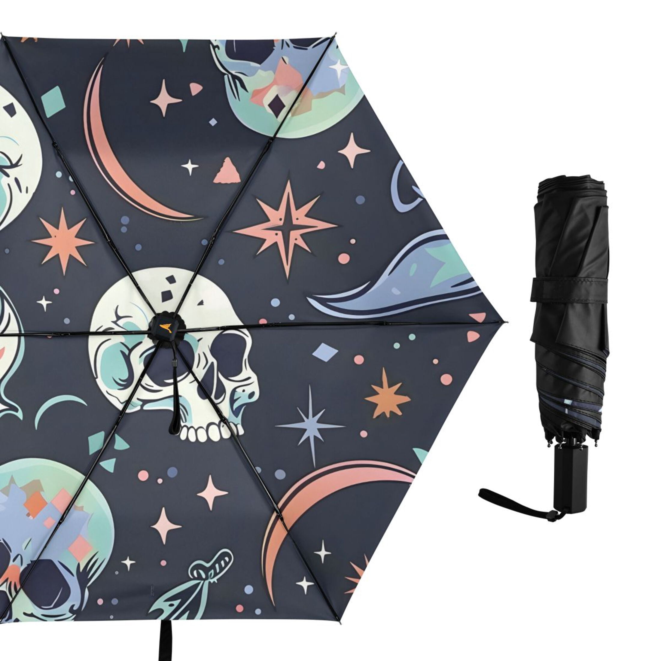 Skull Heads Moon Stars Triple Folding Umbrella Parasol 6 Ribs UV ...