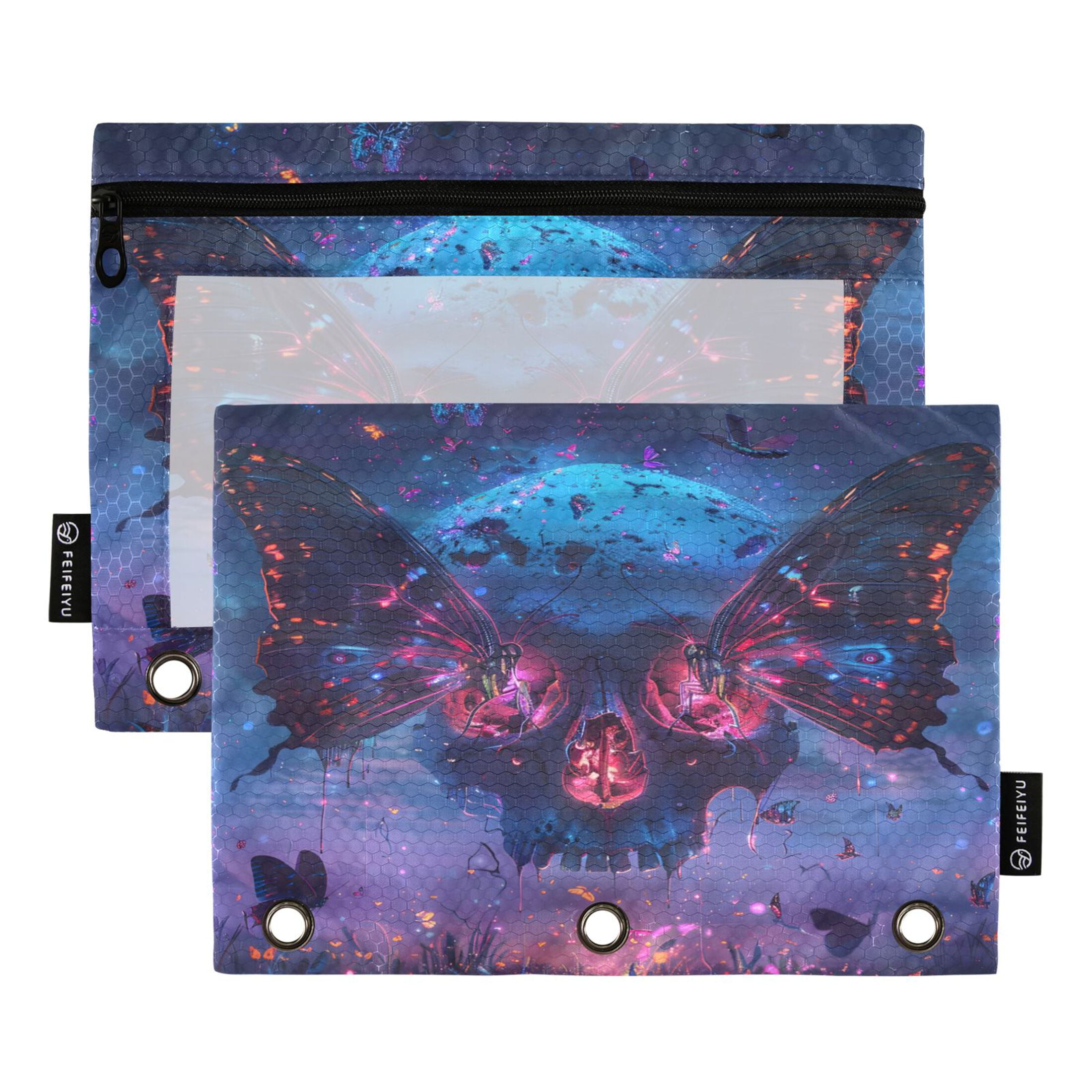 Skull Heads with Butterfly Sky 2 Pack Pencil Pouch for 3 Ring Binder ...