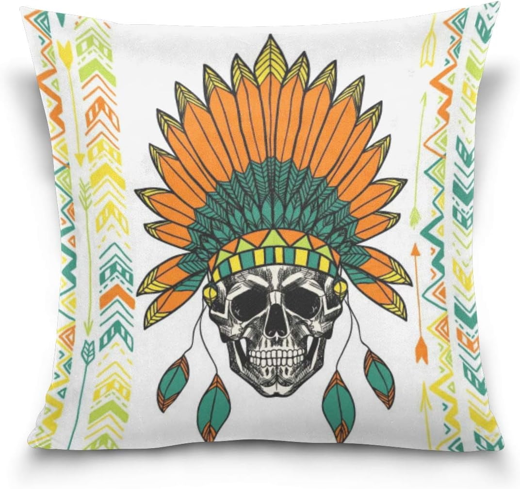 Skull with Indian Feather Hat Velvet Oblong Lumbar Plush Throw Pillow ...