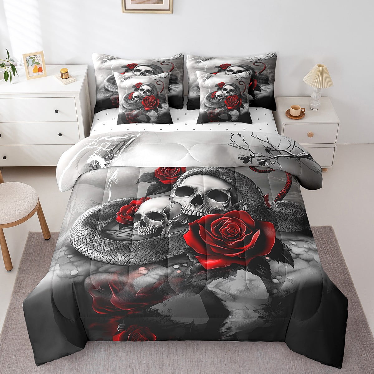 Skull King Comforter Set 7 Piece,Red Rose Skull Goth Bedding Set Black ...