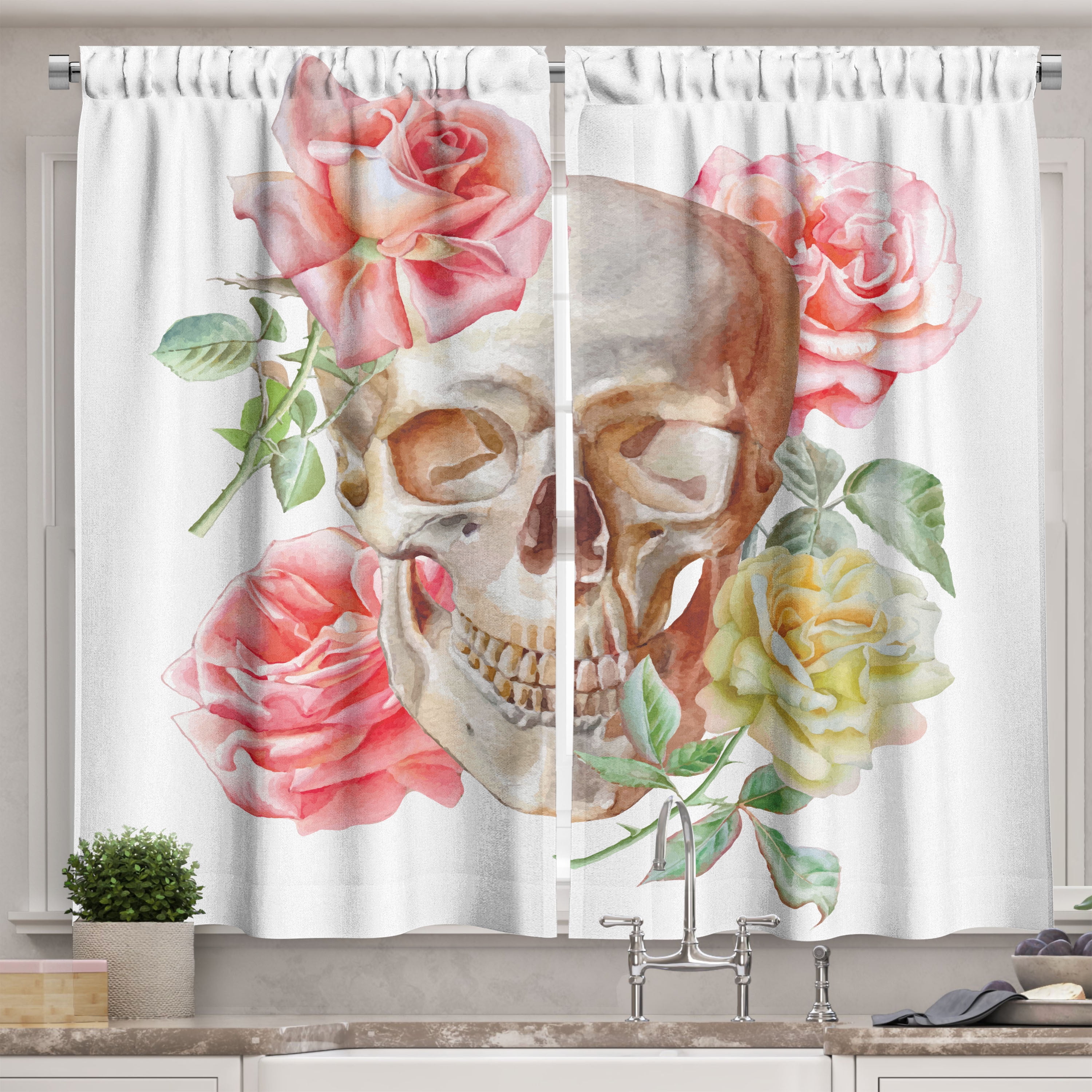 Skull Kitchen Curtains, Roses Living and the Dead Humor Romantic Evil ...