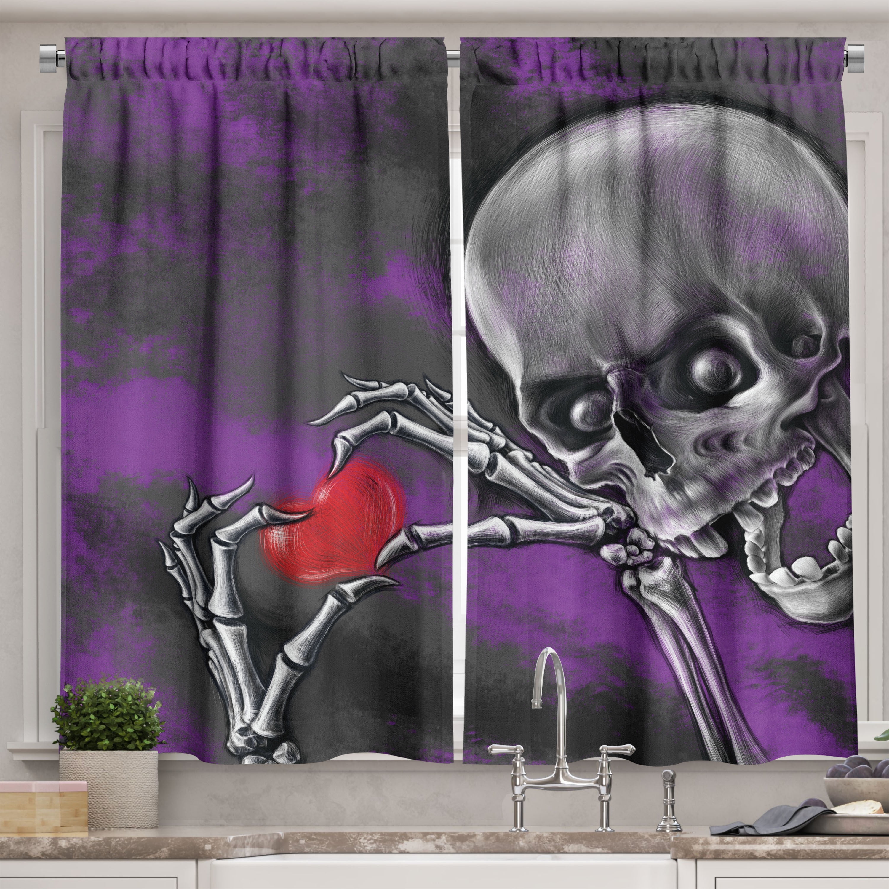 Skull Kitchen Curtains, Spooky Scary Skeleton Holds Eternal Love Sybol ...
