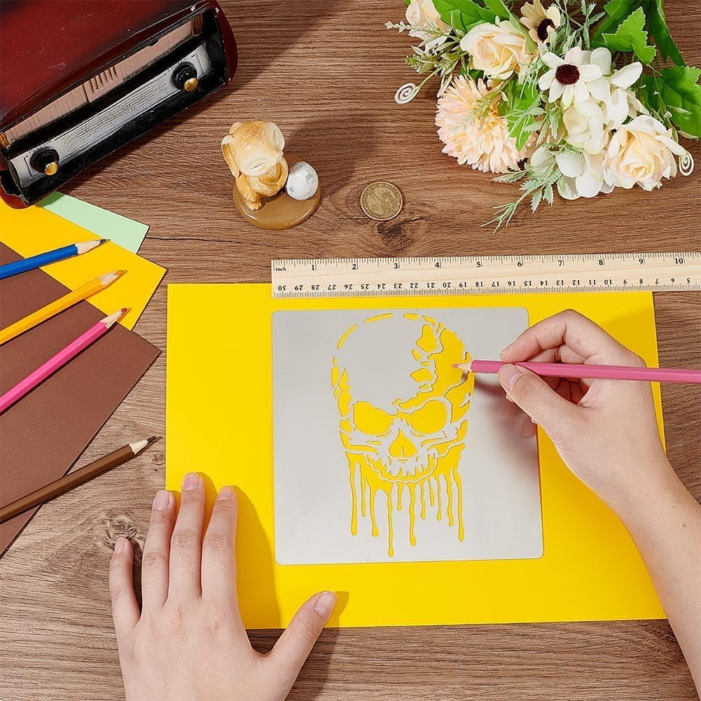 Skull Metal Stencil 6.14 inch Square Metal Skull Pattern Stencil ...