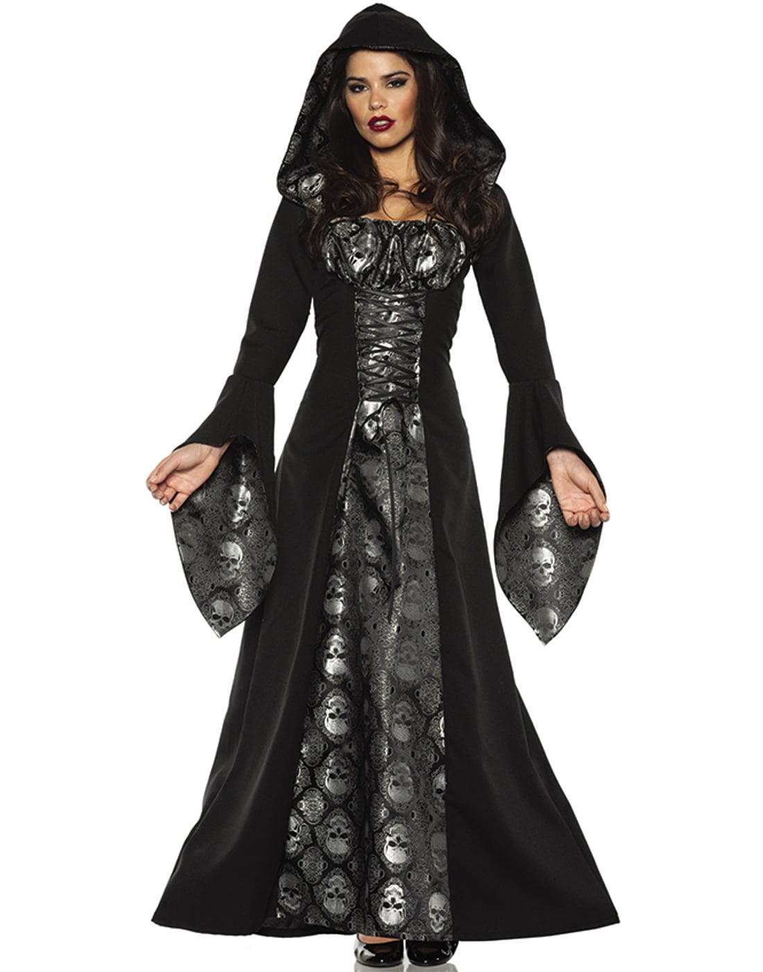 Skull Mistress Womens Black Gothic Witch Hooded Robe Halloween Costume ...