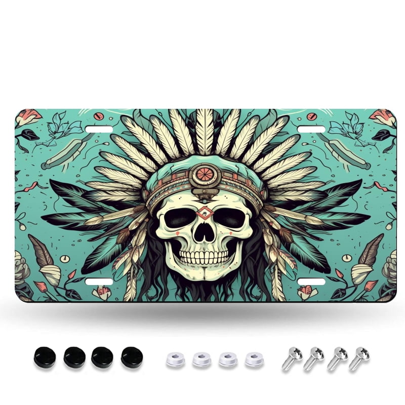 Skull with Native American Headdress on a Teal Background License Plate ...