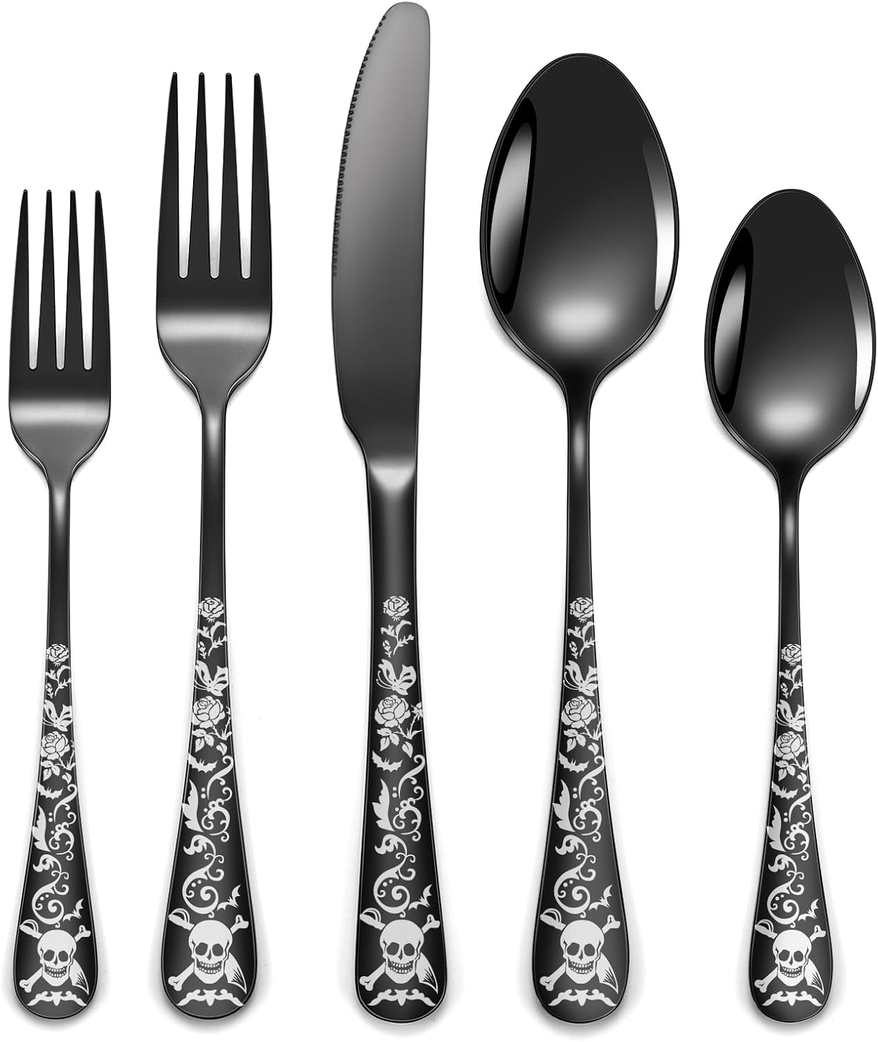 Skull Pattern Black Silverware Set for 8, 40-Piece Skeleton Flower Bat ...