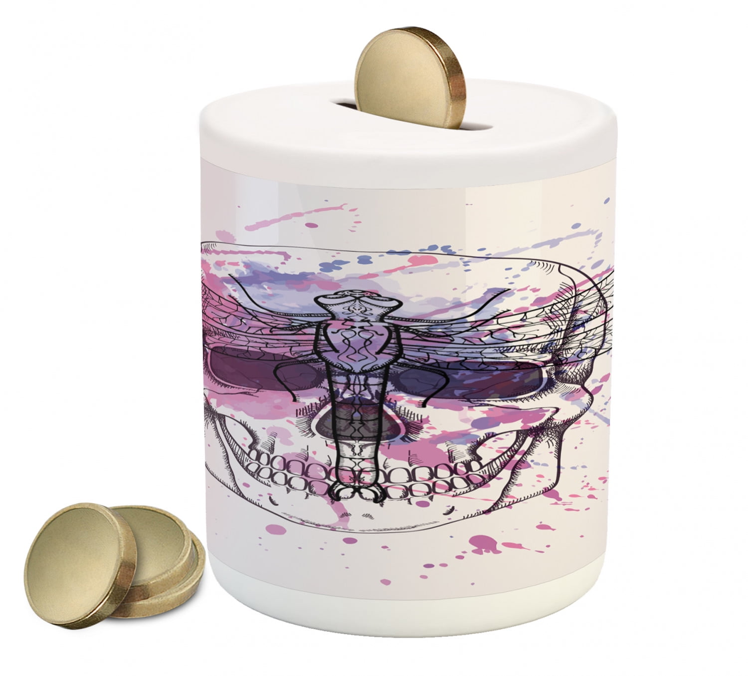 Skull Piggy Bank, Grunge Illustration of Human Skull Dragonfly with ...