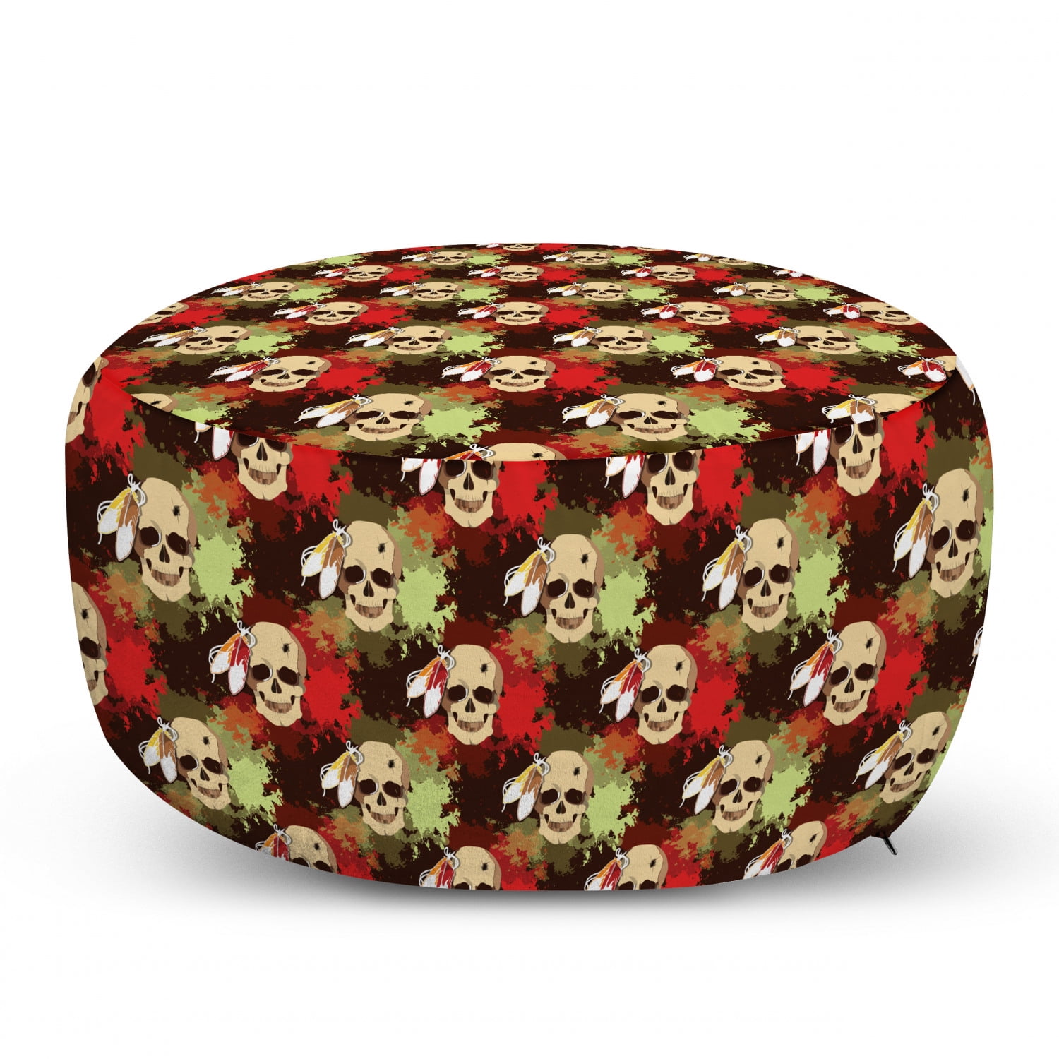 Skull Pouf Cover with Zipper, Skull with Feathers Tribe Backdrop with ...