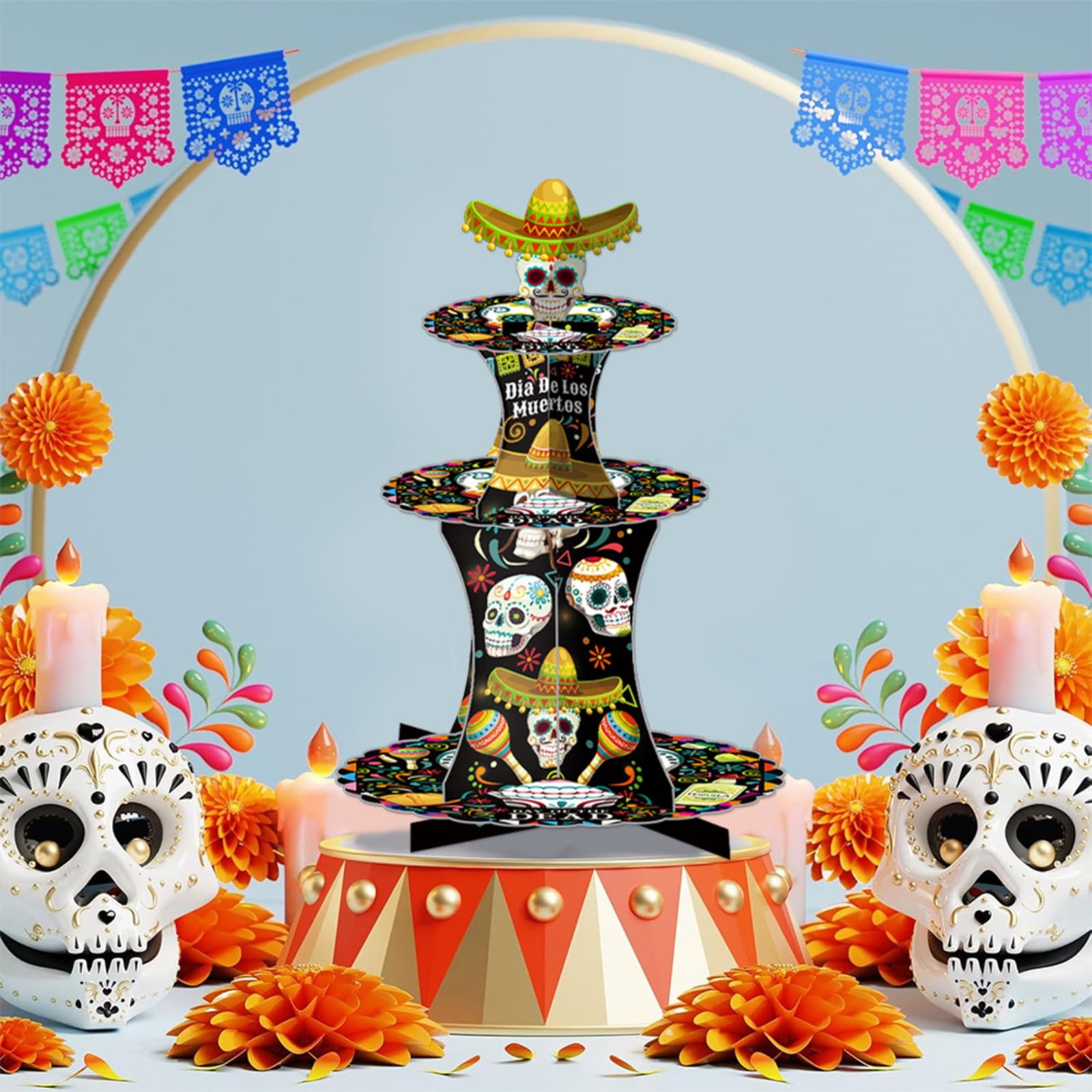 Skull-Print Corrugated Paper Day Of The Dead Cake Stand for Dia De Los ...