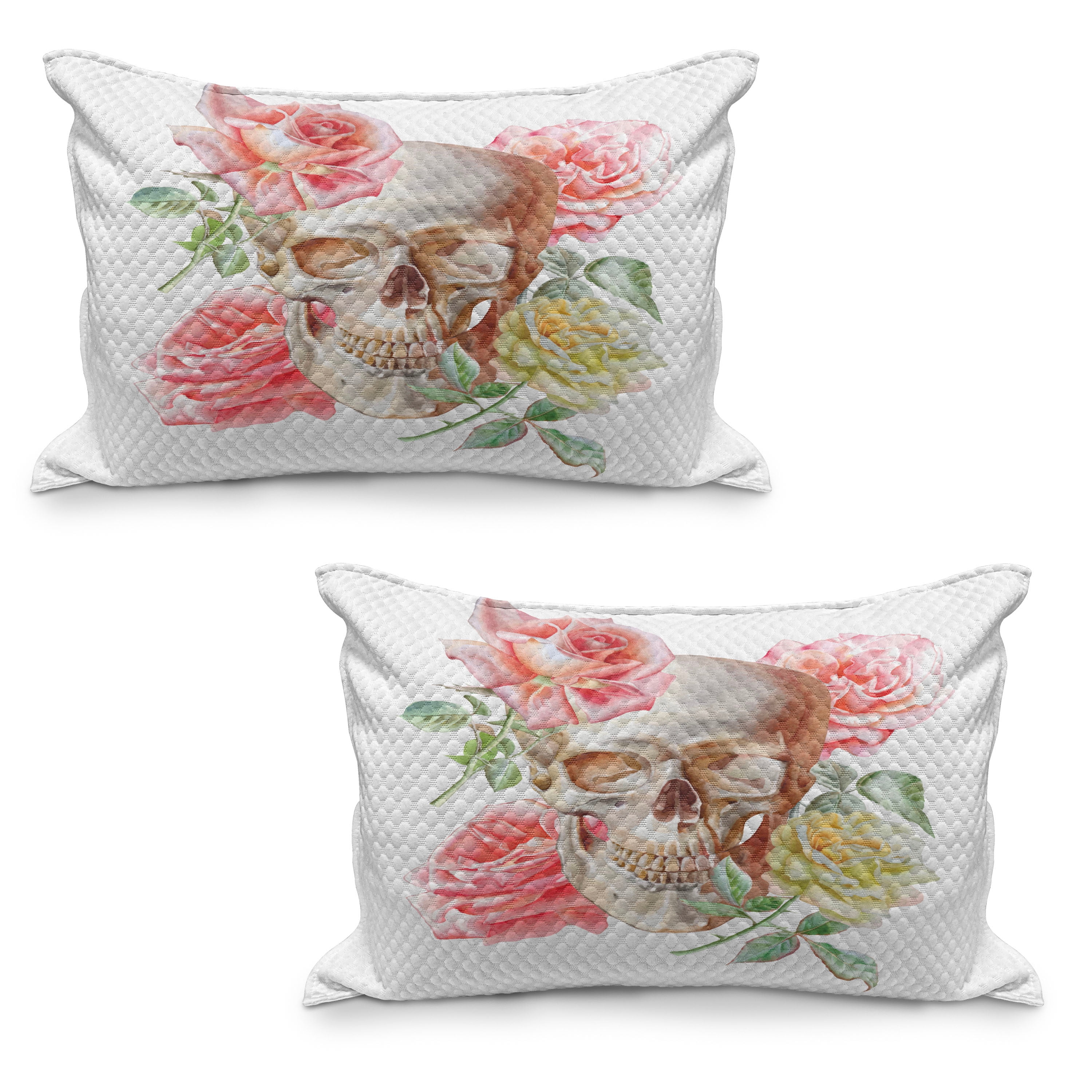 Skull Quilted Pillowcover Set of 2, Roses Living and the Dead Humor ...