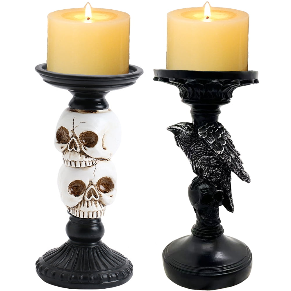 Skull and Raven Candlestick Holders Set of 2 for Halloween Decoration ...