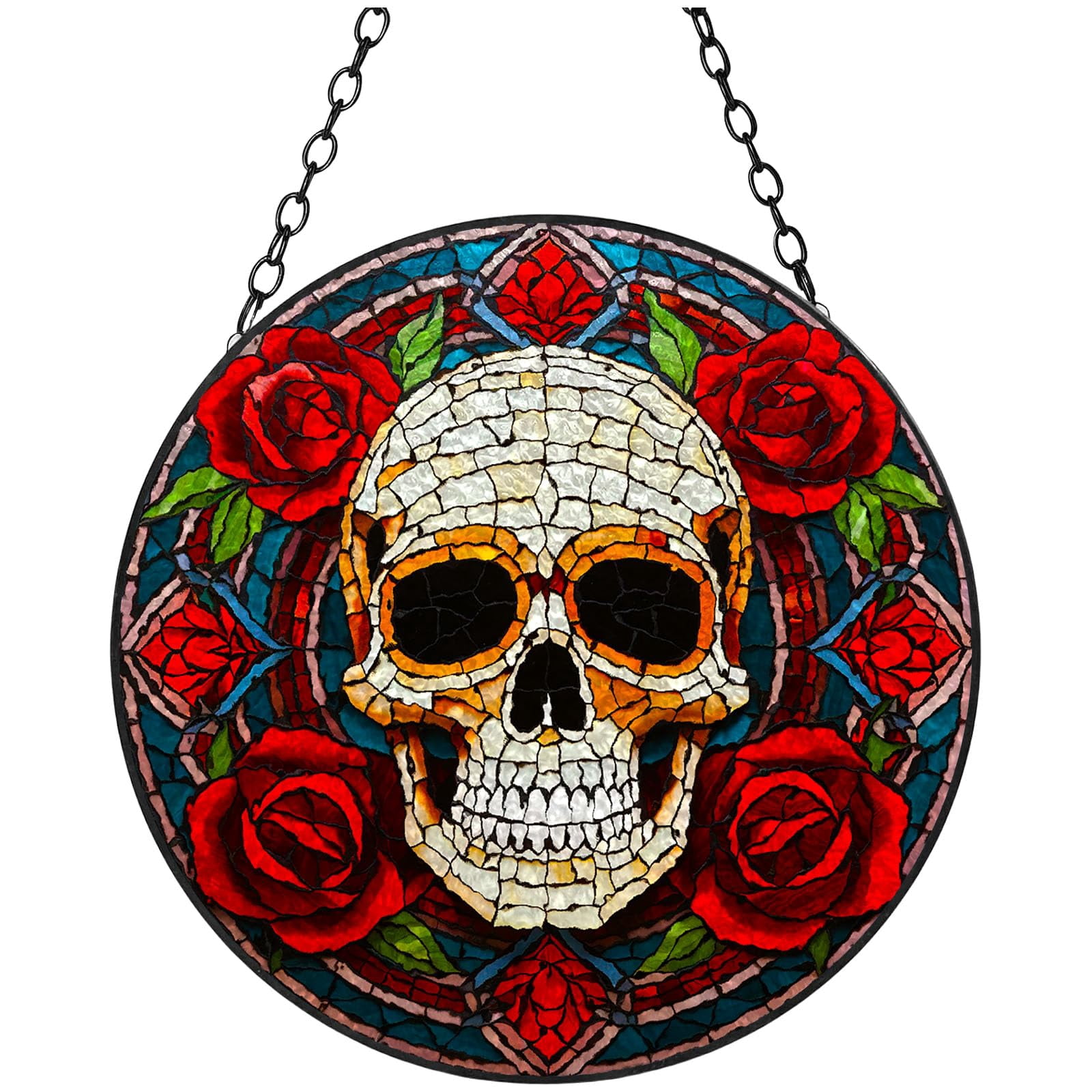 Skull and Red Rose Stained Glass Suncatcher Handmade Window Hangings ...