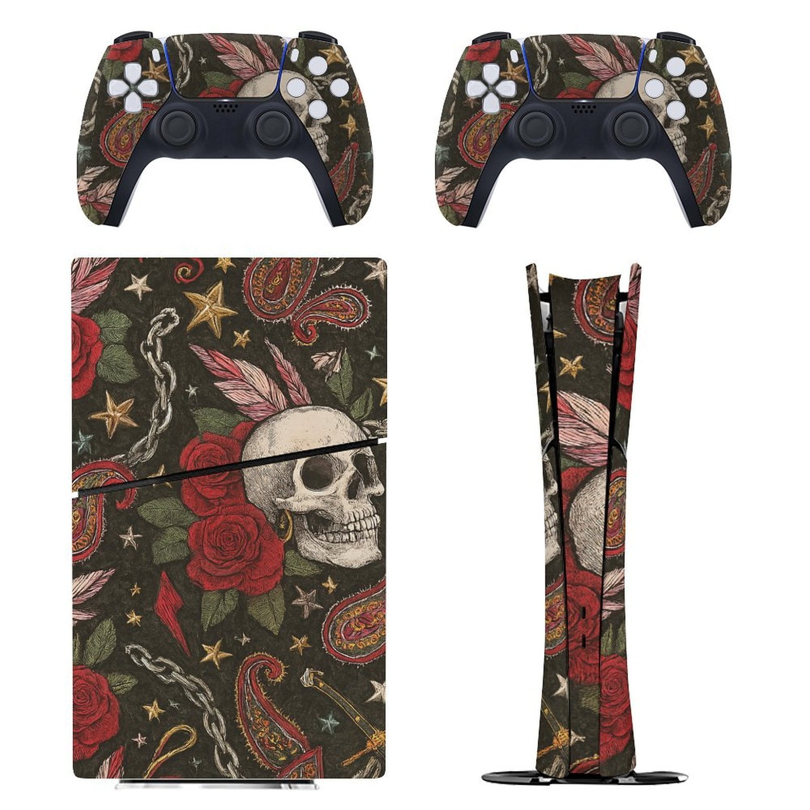 Skull Rose Feather Boho Console Skin Bundle for PS5 Pro Slim Disc ...