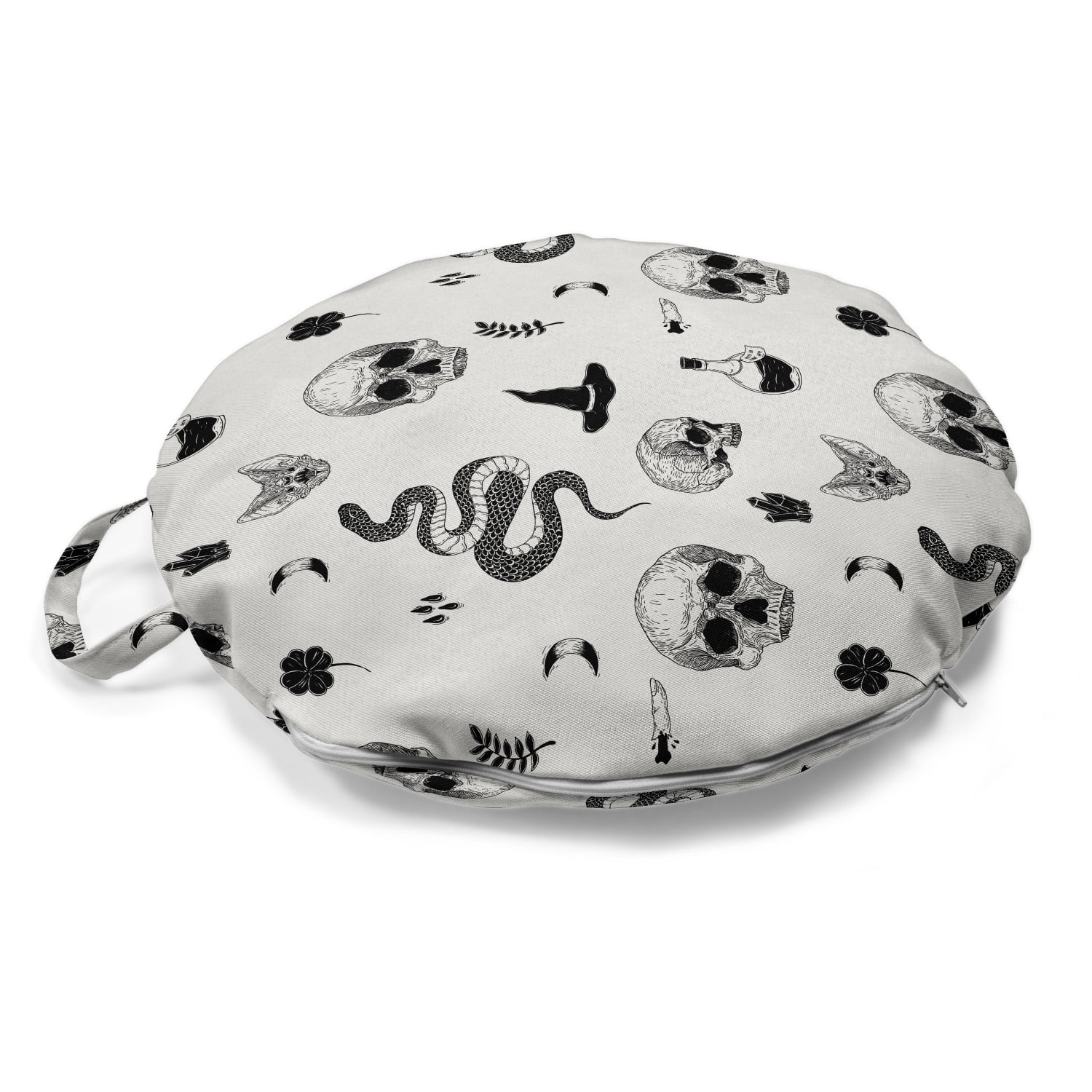 Skull Round Floor Cushion with Handle, Tattoo Style Snake Bat Snake ...