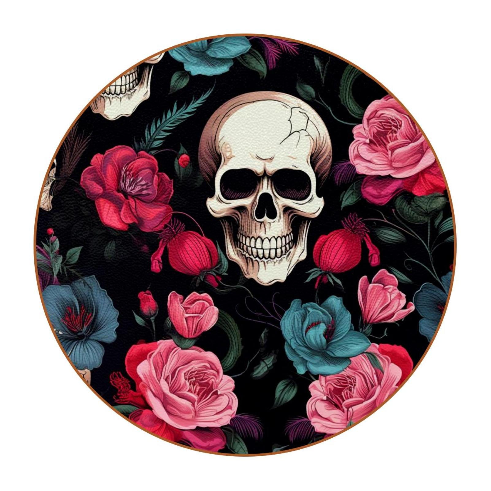 Skull Set of 6 Round Microfiber Leather Coasters, 11x11 cm/4.3x4.3 ...