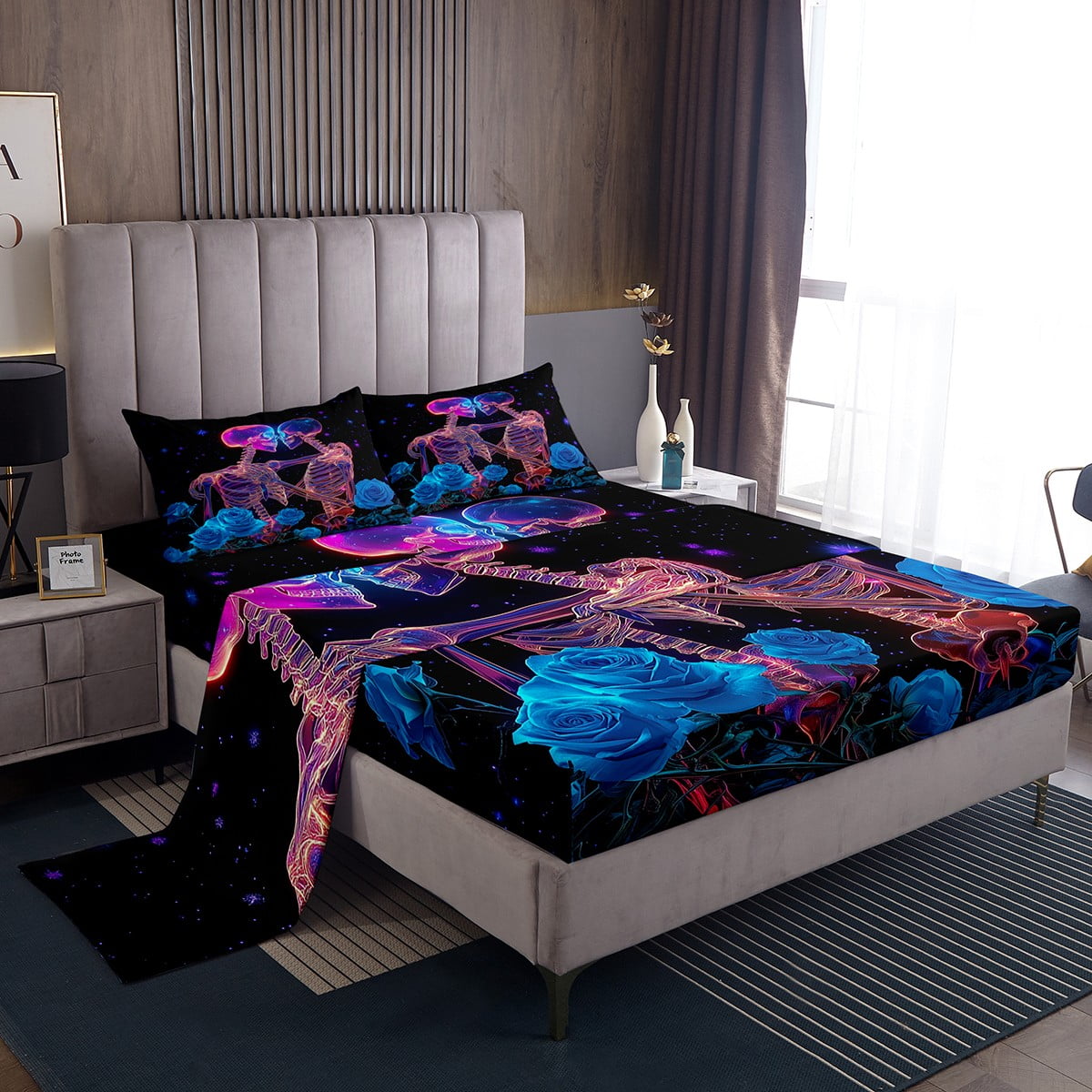 Skull Sheet Set Gothic Skeleton Bone Sheets,Extoic Blue Rose Floral Bed ...
