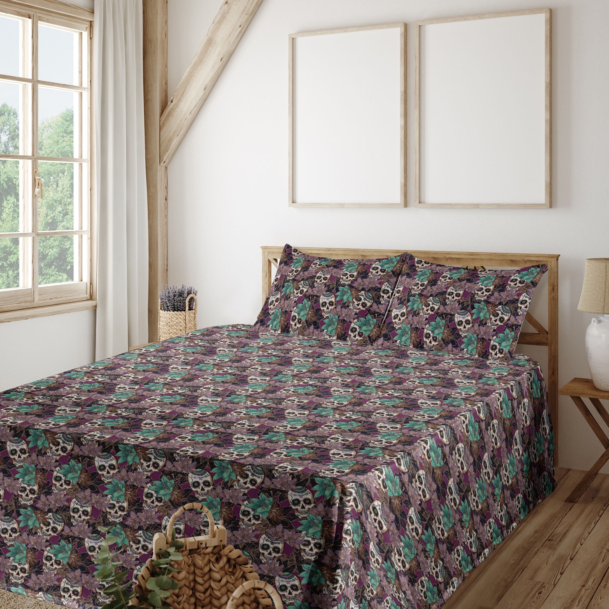 Ambesonne Skull Fitted & Flat Sheet with Sham 3 Pcs Set, American Skull ...