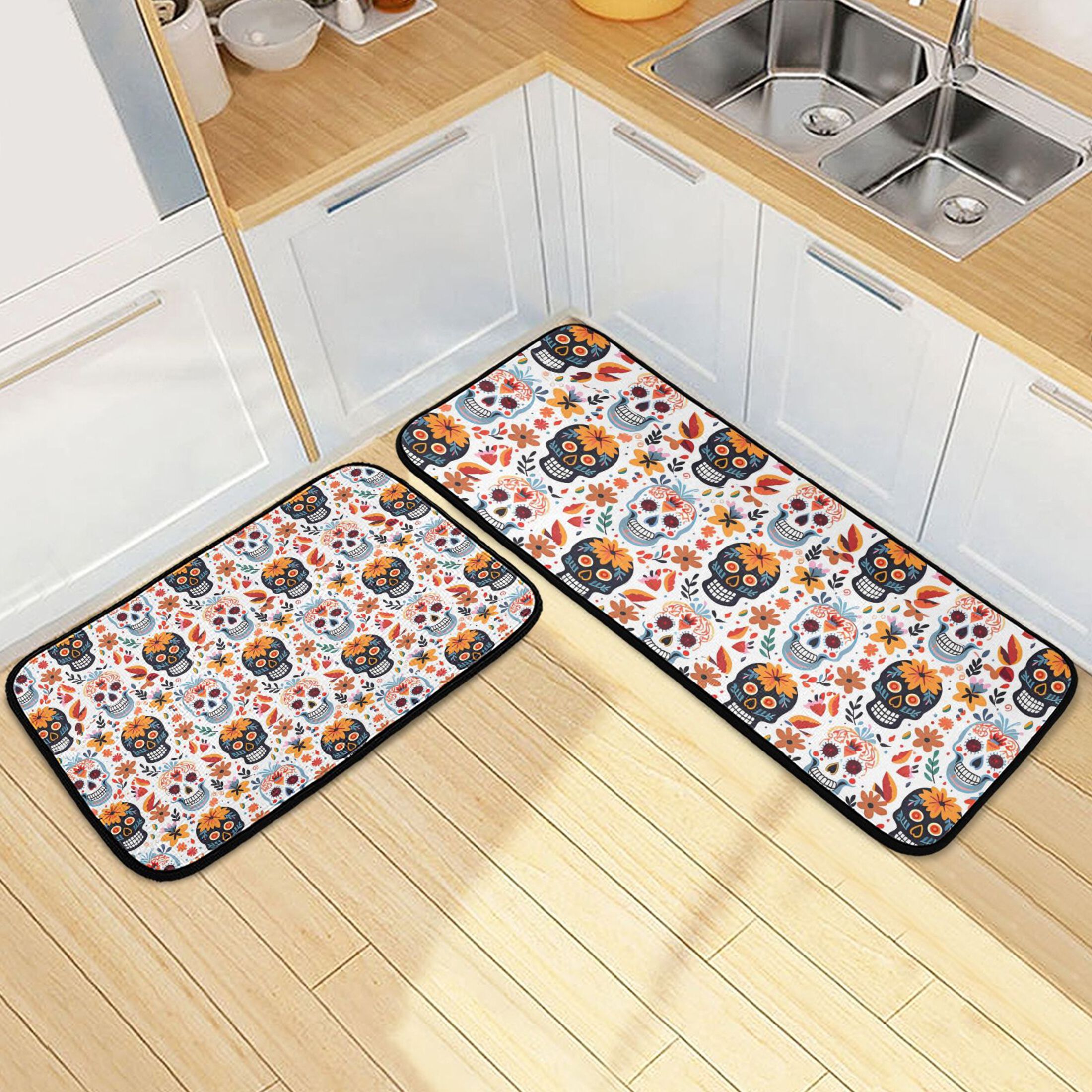 Skull Skeleton Sunflowers Kitchen Rugs Set of 2 Non Slip Floor Foam Mat ...