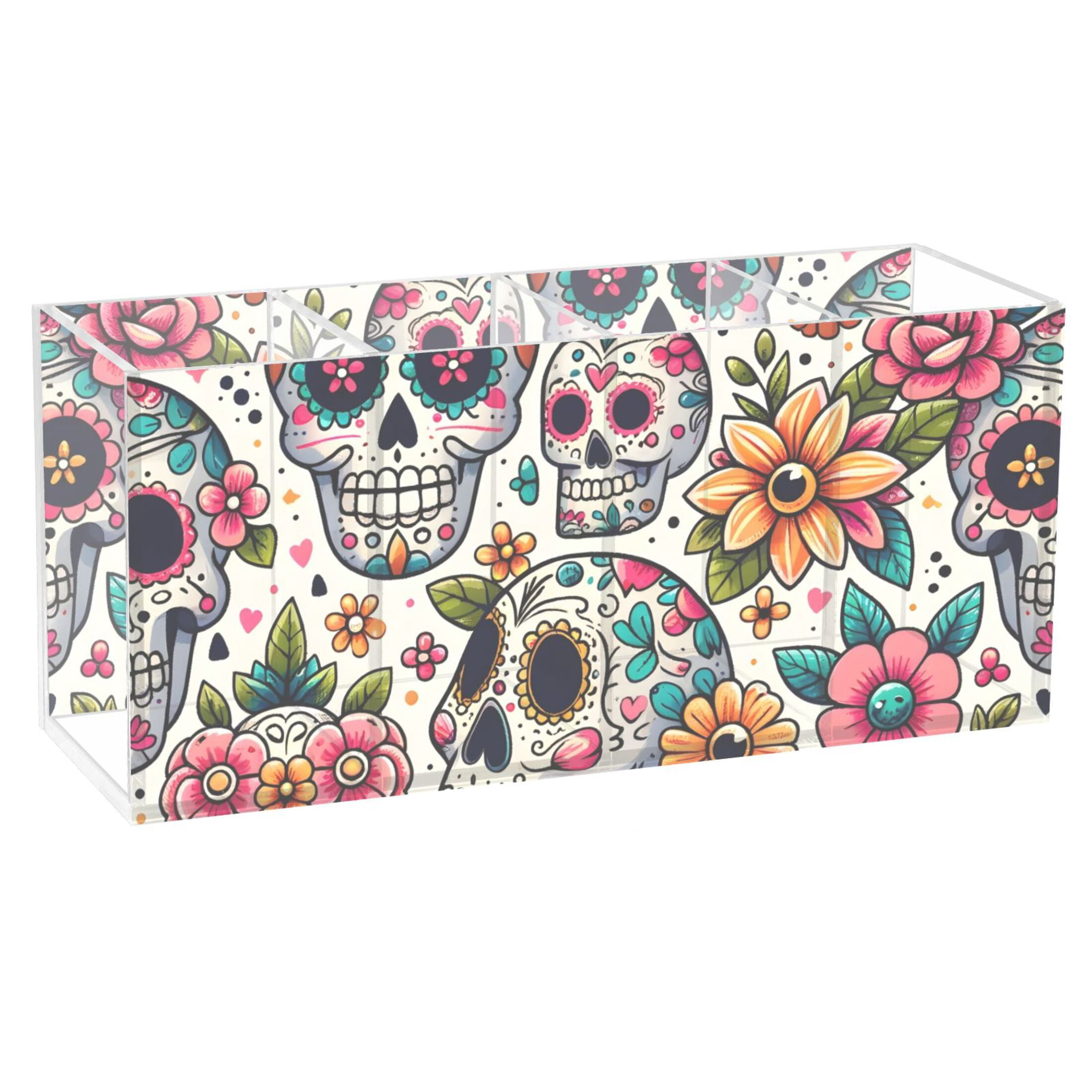 Skull Skeletons and Flowers Acrylic Pen Holder Cup 4 Compartments Clear ...