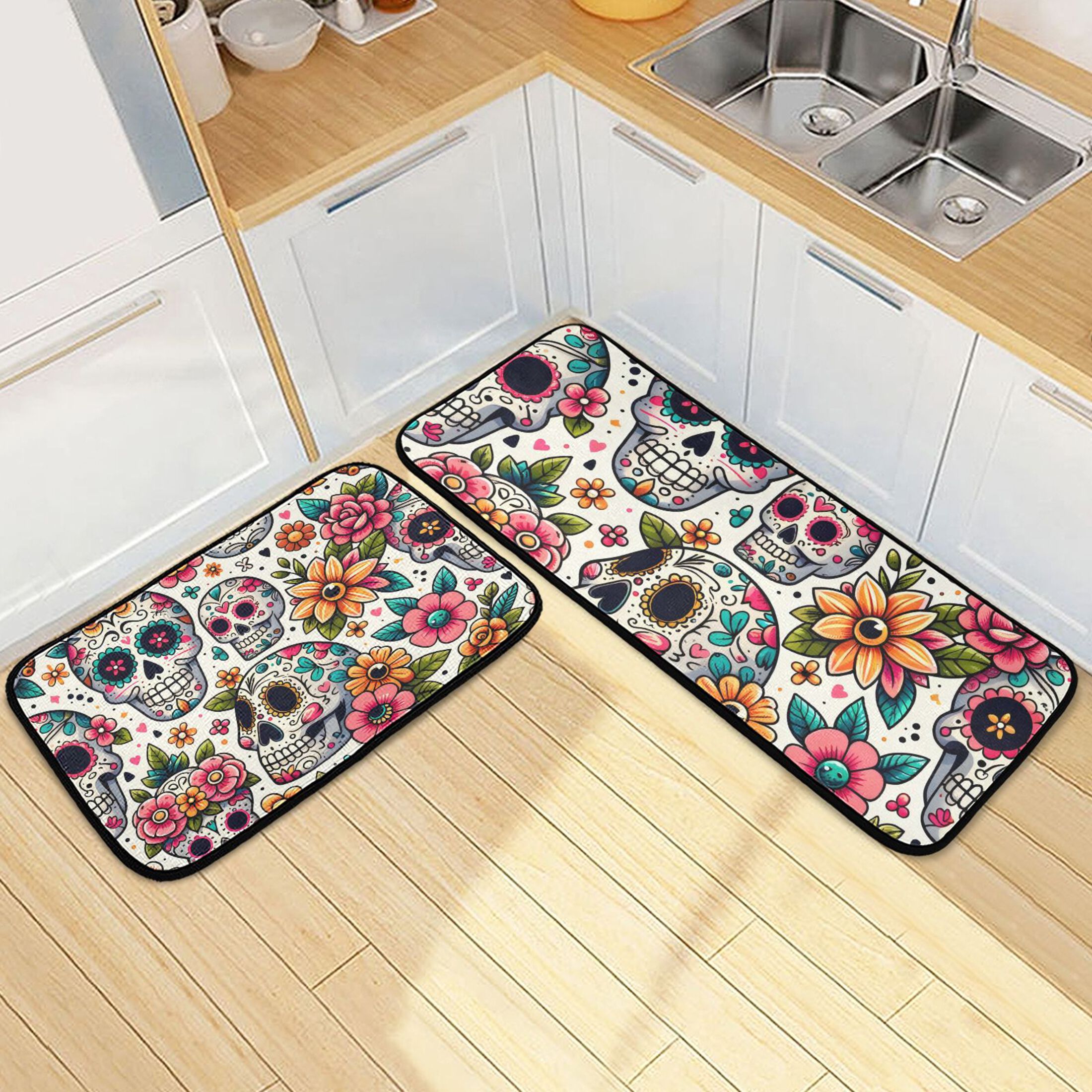Skull Skeletons and Flowers Kitchen Rugs Set of 2 Non Slip Floor Foam ...