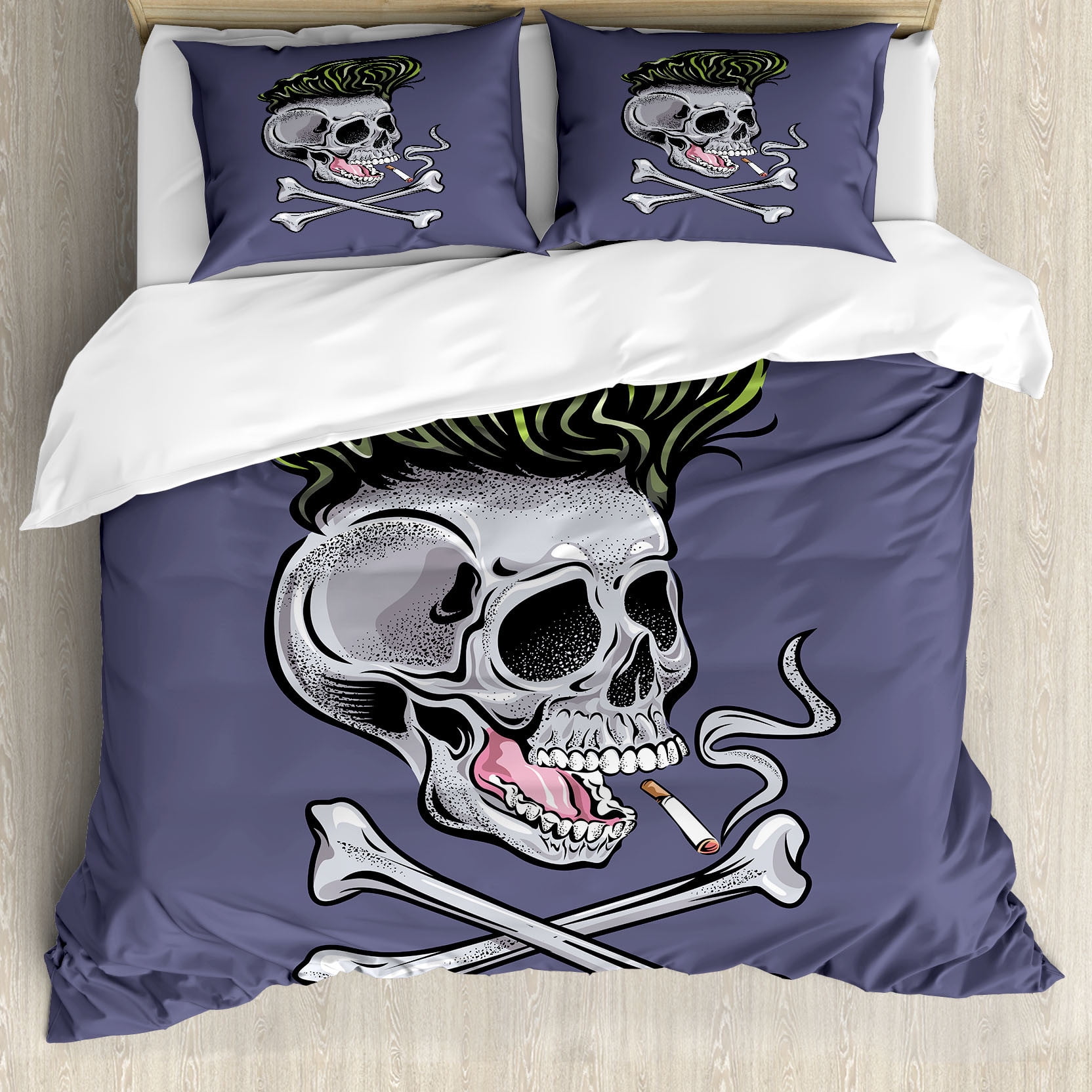 Skull Smoking Duvet Cover Set, Punk Skeleton Head Illustration Depicted ...