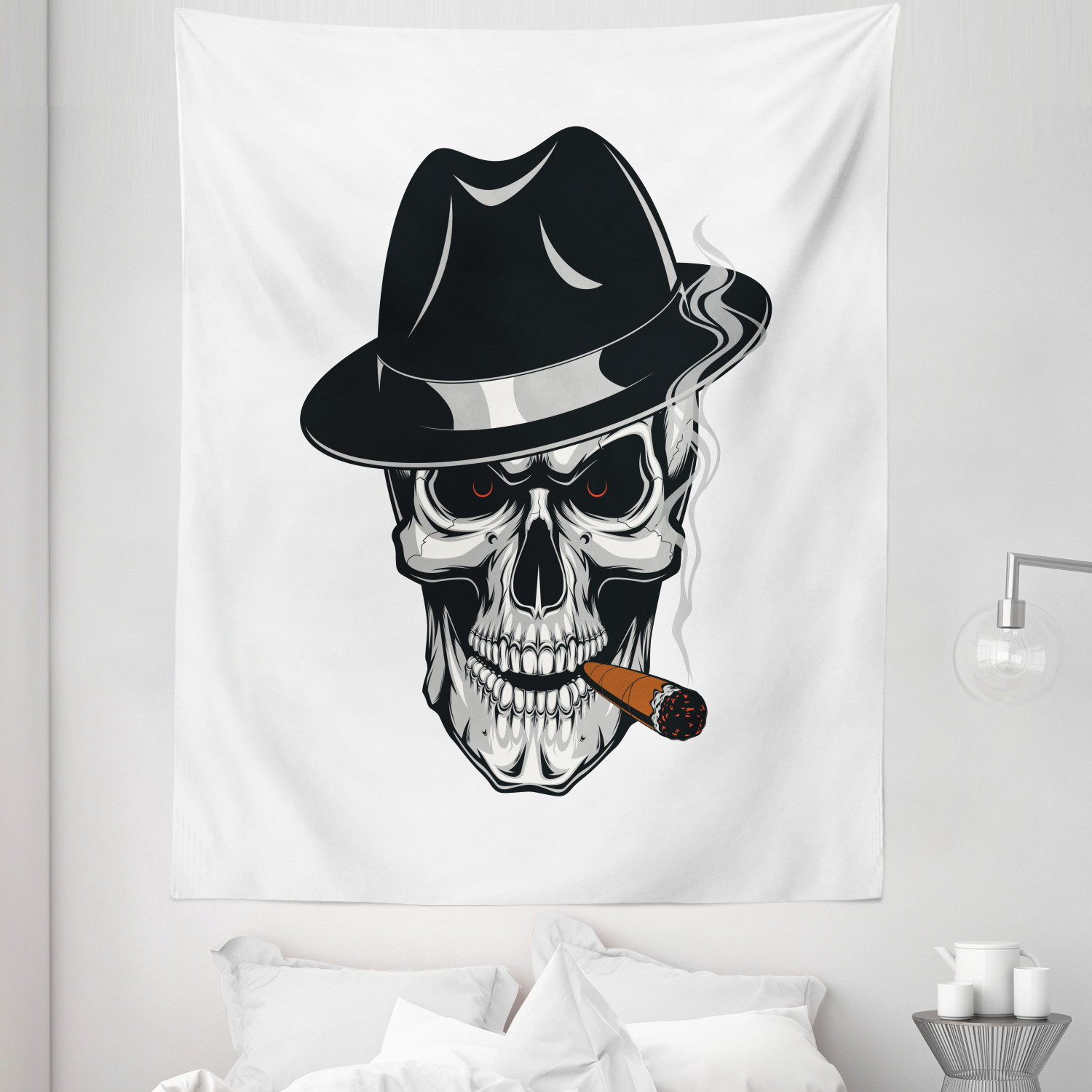 Skull Smoking Tapestry, Human Skeleton Head Portrait Wearing Fedora Hat ...