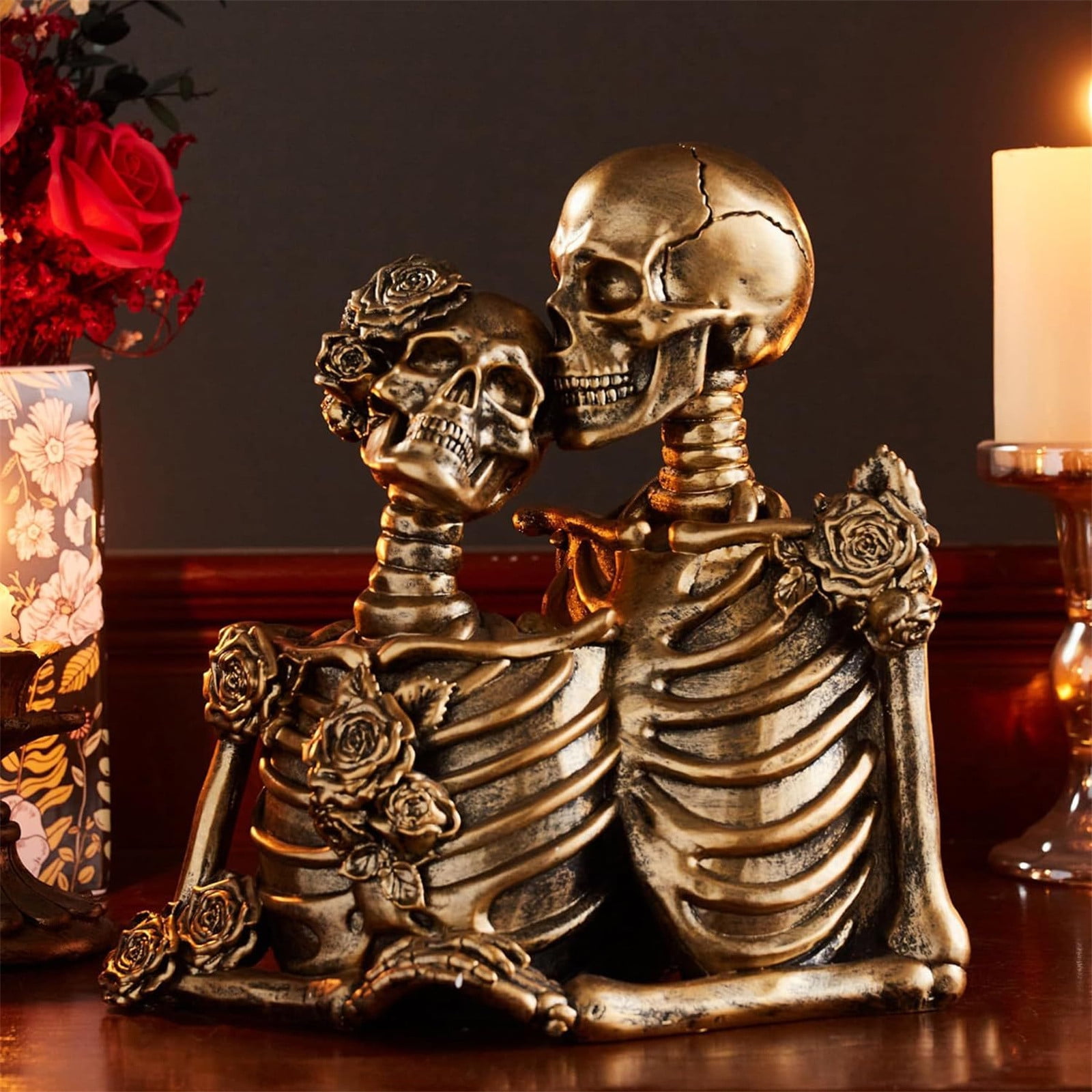 Skull Statue Home Decor: Gold Skeleton Figurines for Shelf Mantel ...