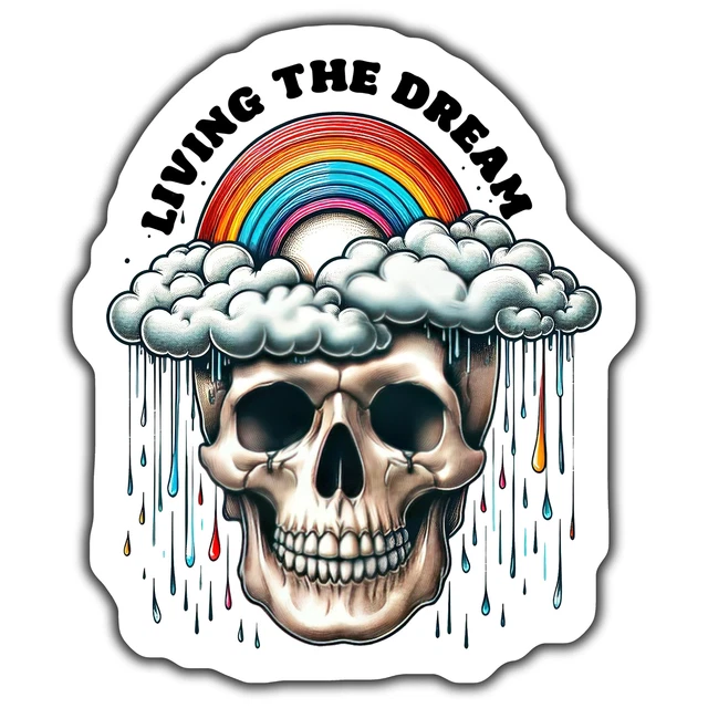 Skull Sticker Living The Dream, Rainbow Sticker, Cloud Skull Decal ...