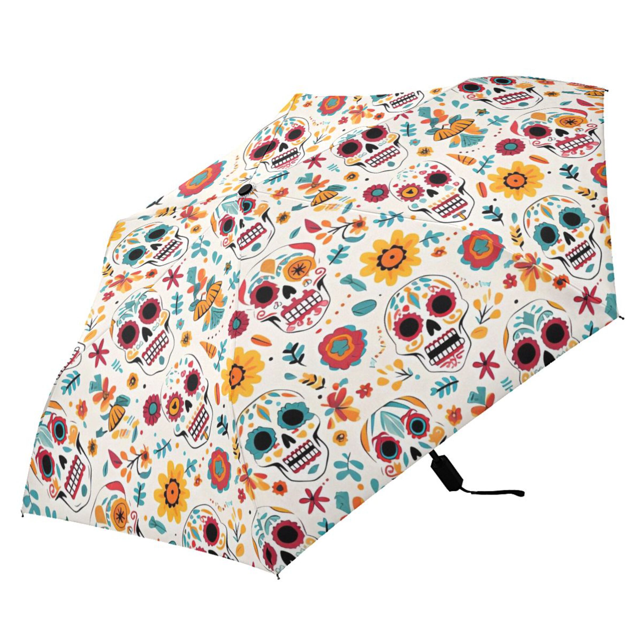Skull Sunflowers Skeleton Compact Folding Umbrella for Rain Windproof ...