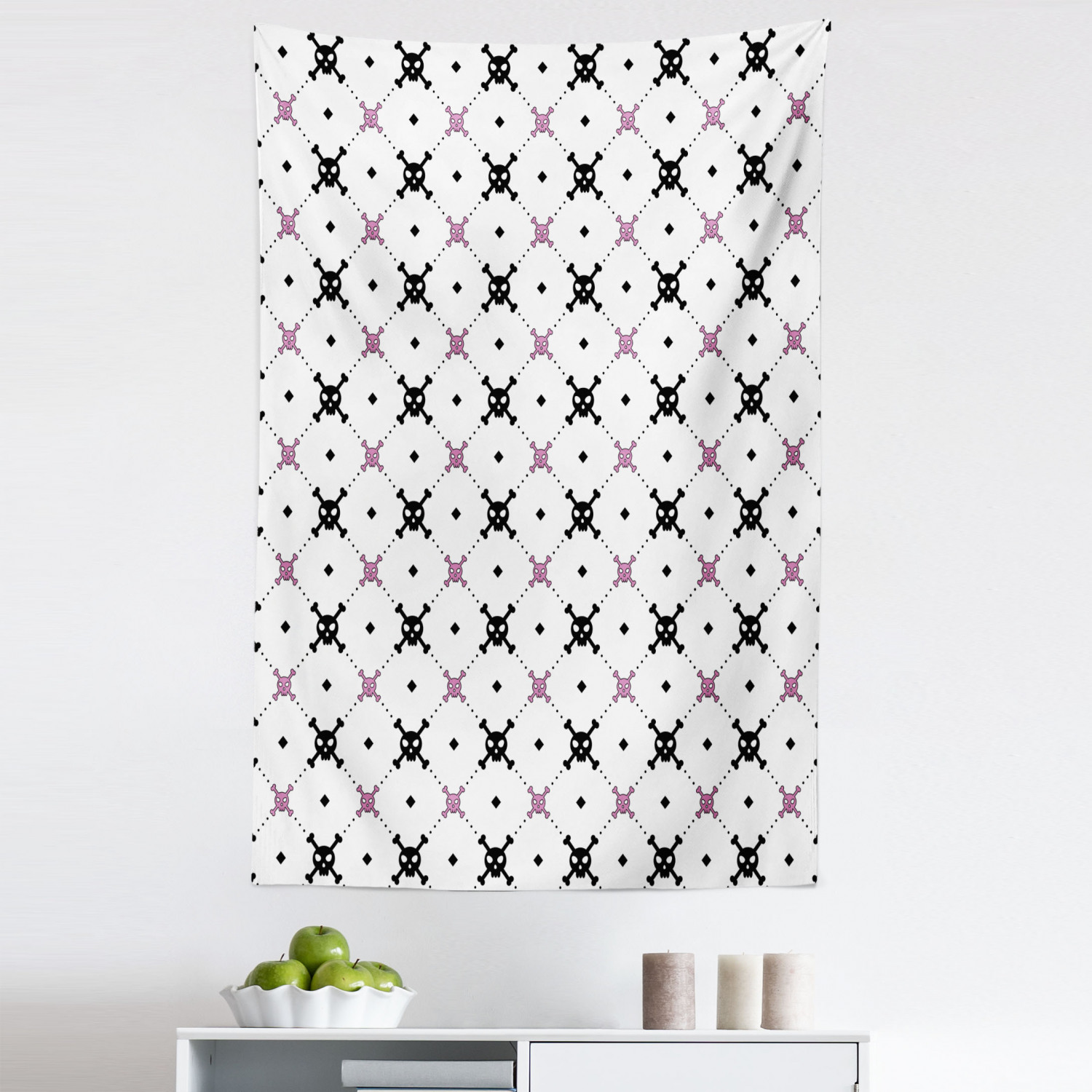 Skull Tapestry, Girly Skull and Crossbones Checkered Pattern Simple ...