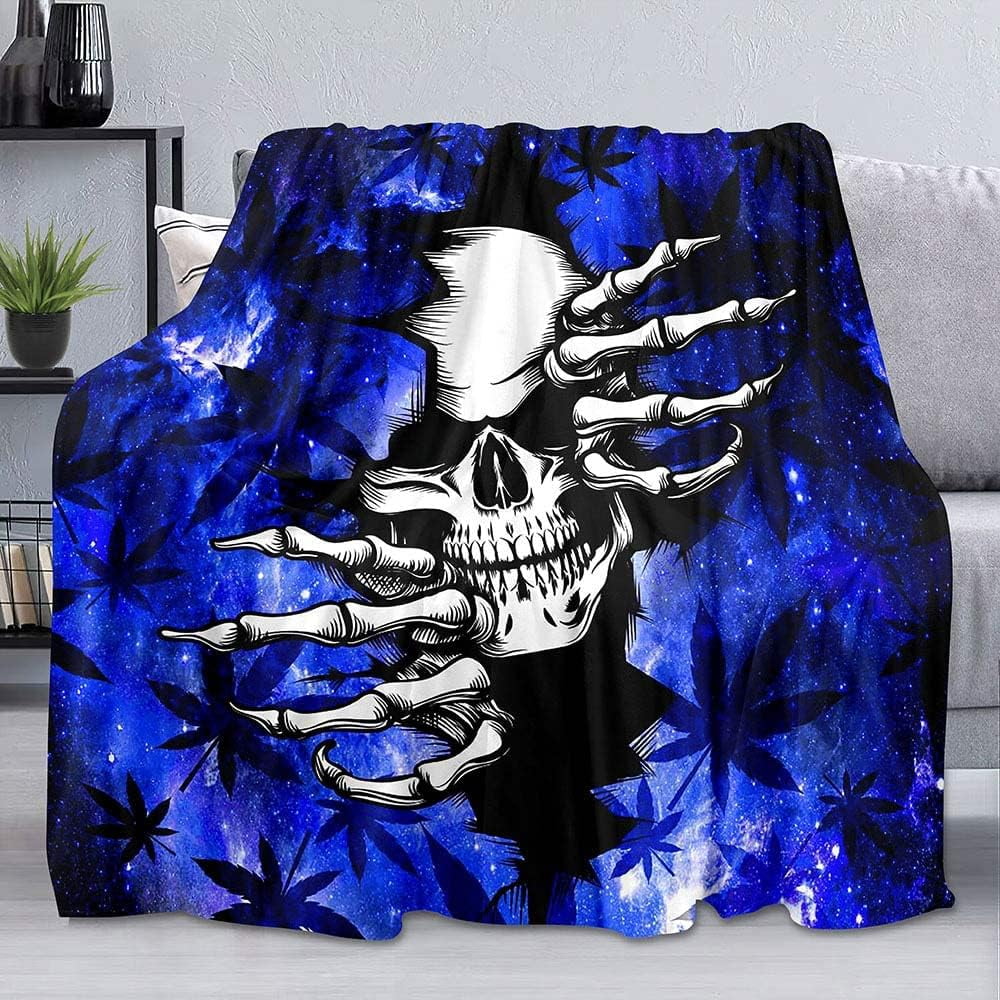 Skull Throw Blanket, Blue Galaxy Starry Sky Skeleton Cannabis Leaves ...
