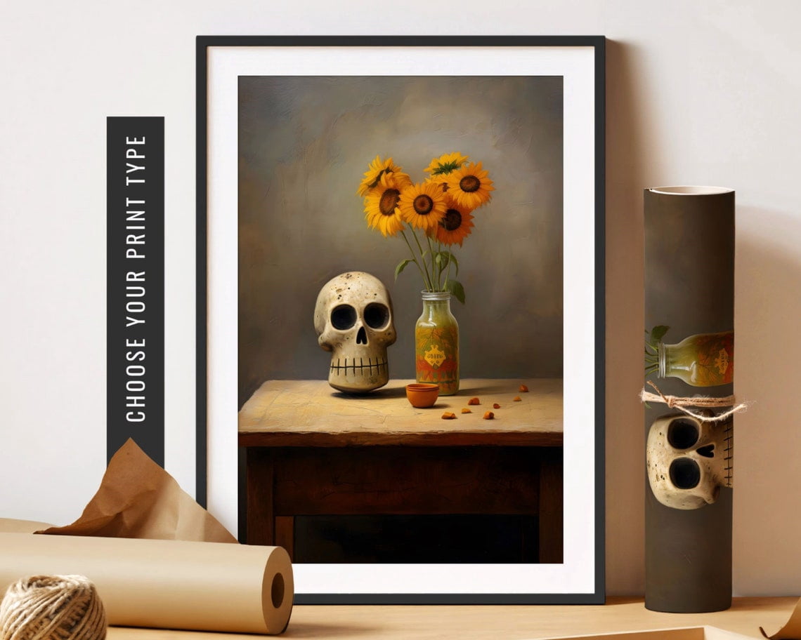 Skull Wall Art Dia De Los Muertos Skull Poster Moody Vintage Poster ...