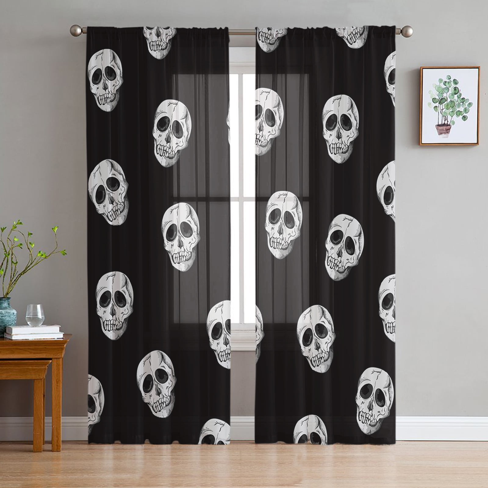 Skull Wall Skull Horror Sheer Curtains for Living Room Bedroom Kitchen ...