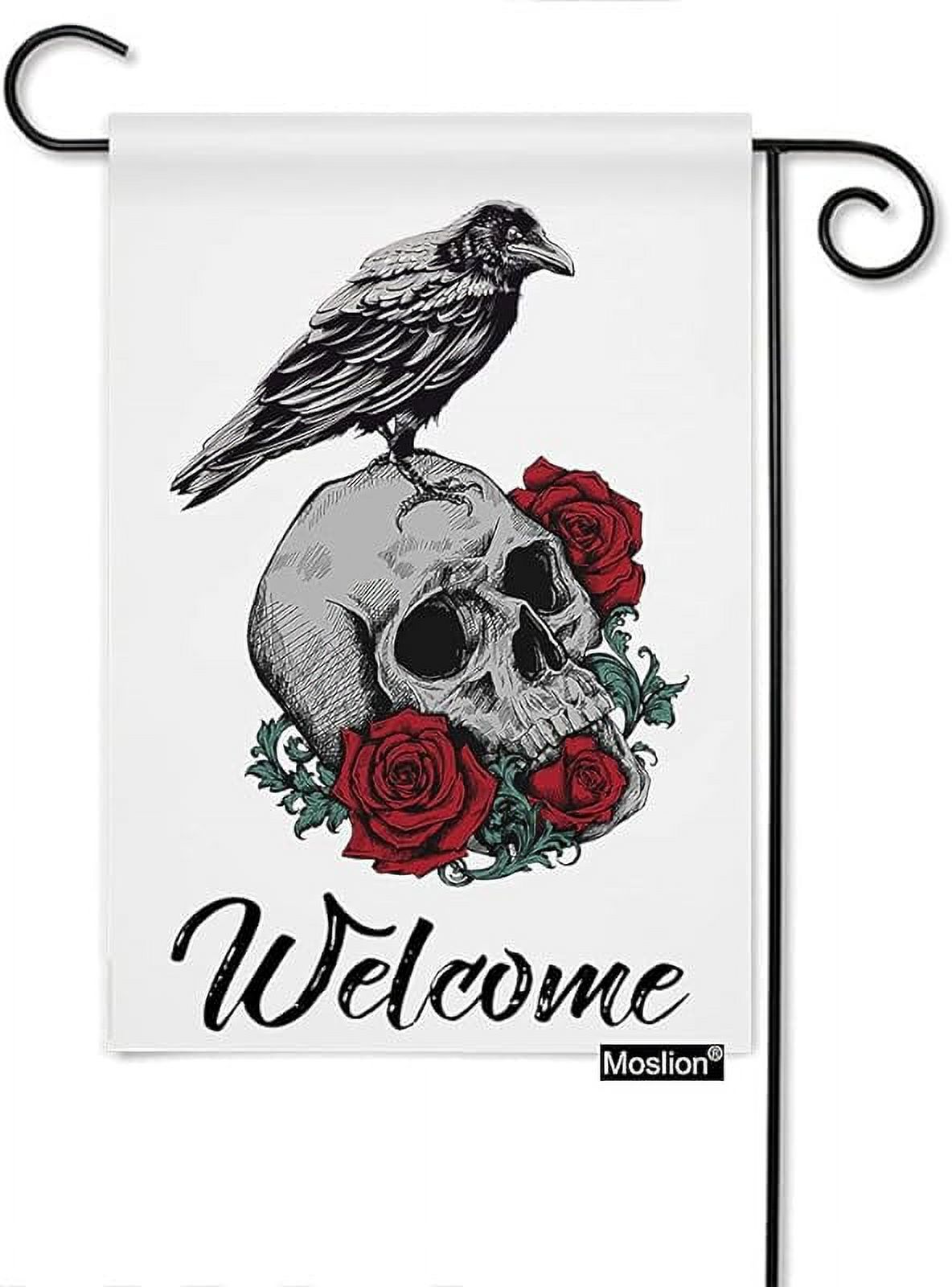 Skull Welcome Garden Flags Double Sided Bird Rest on Skeleton Head Red ...