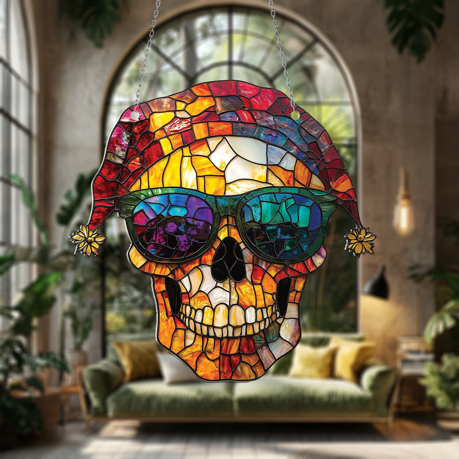 Skull Window Hanging, Stained Glass Style Car Decoration, Gothic Sun ...