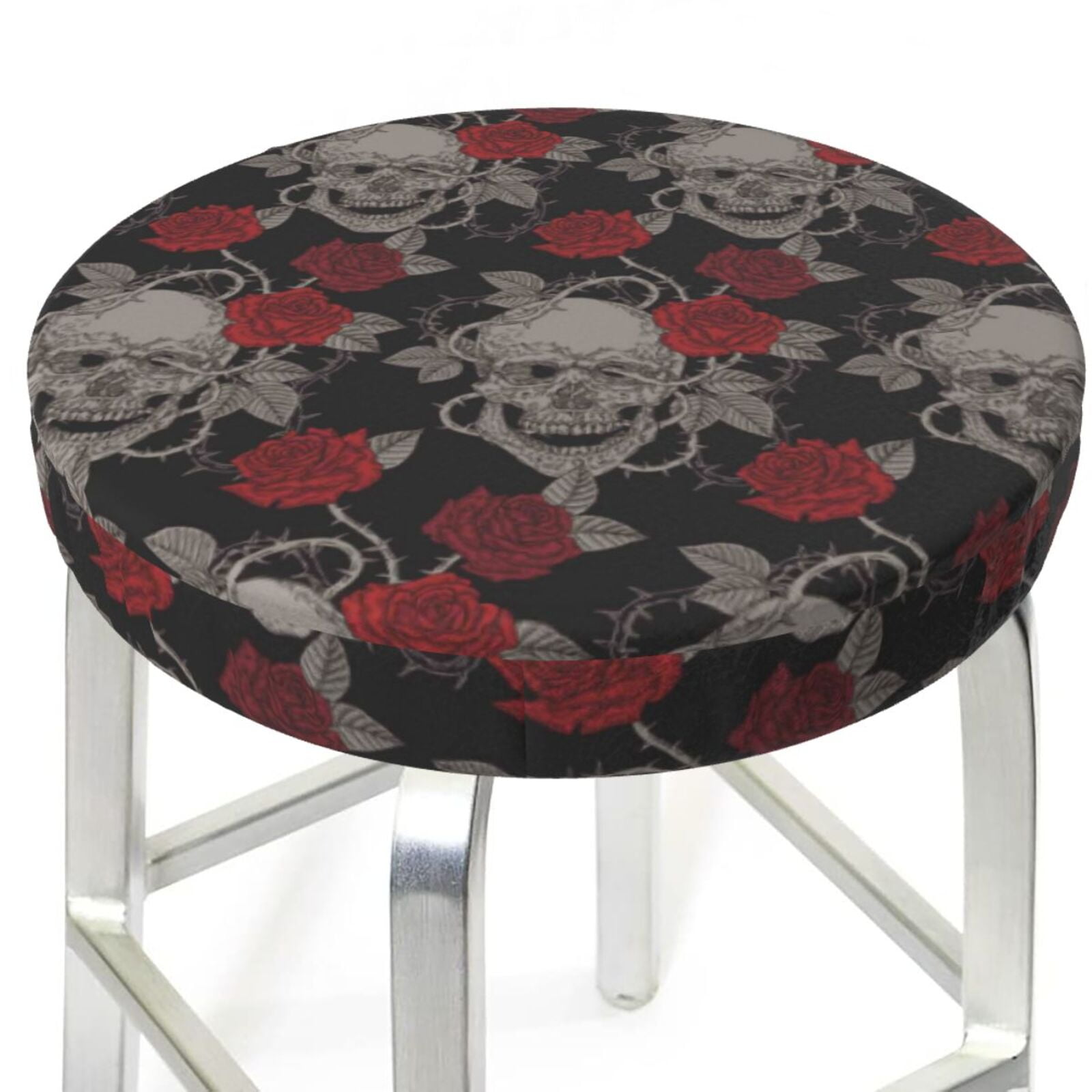Skull and Red Roses Bar Stool Covers - Stretch Round Seat Covers with Elastic Bands Bar Stool ...