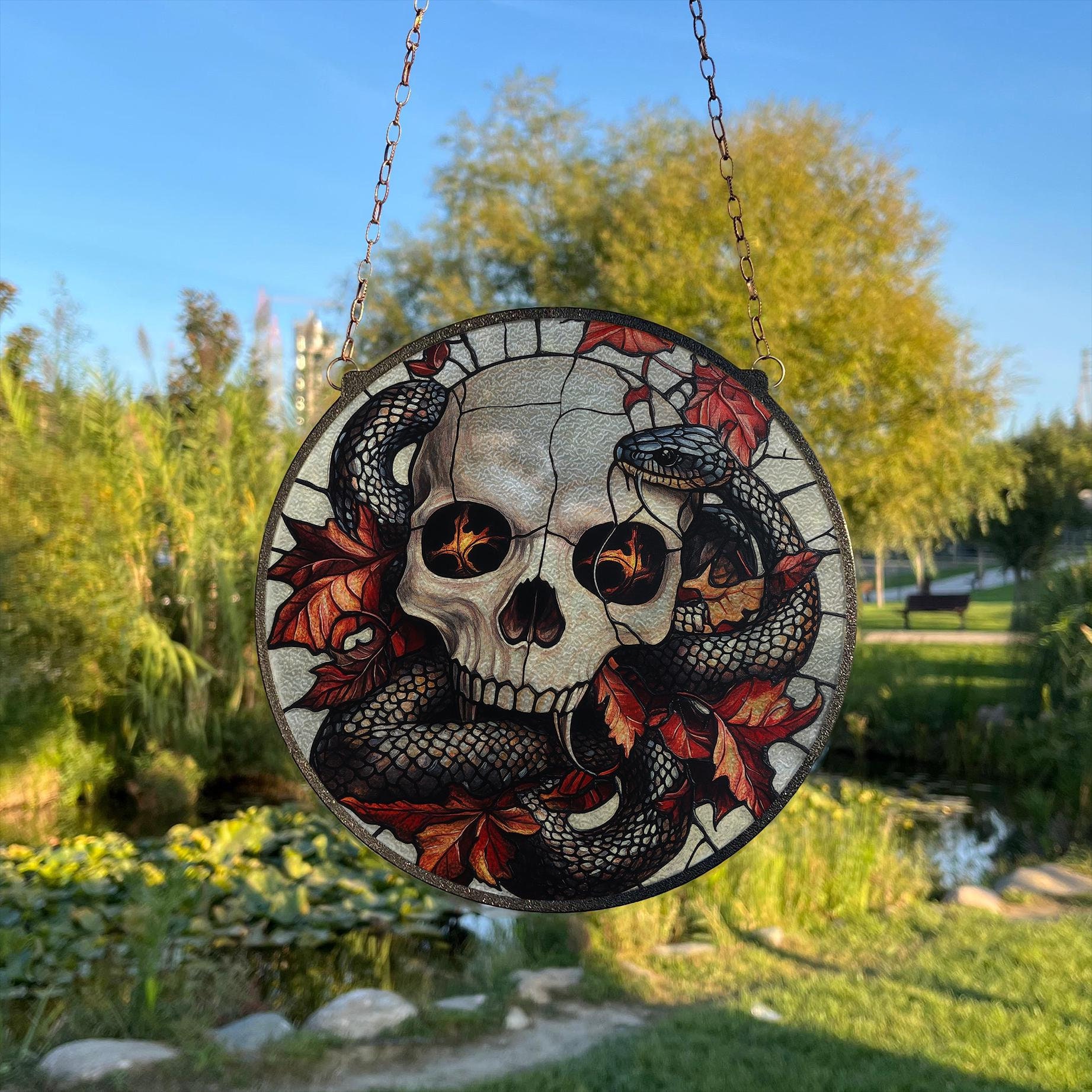 Skull and Snake Painted Stained Glass Suncatcher, Window Hanging Decor ...
