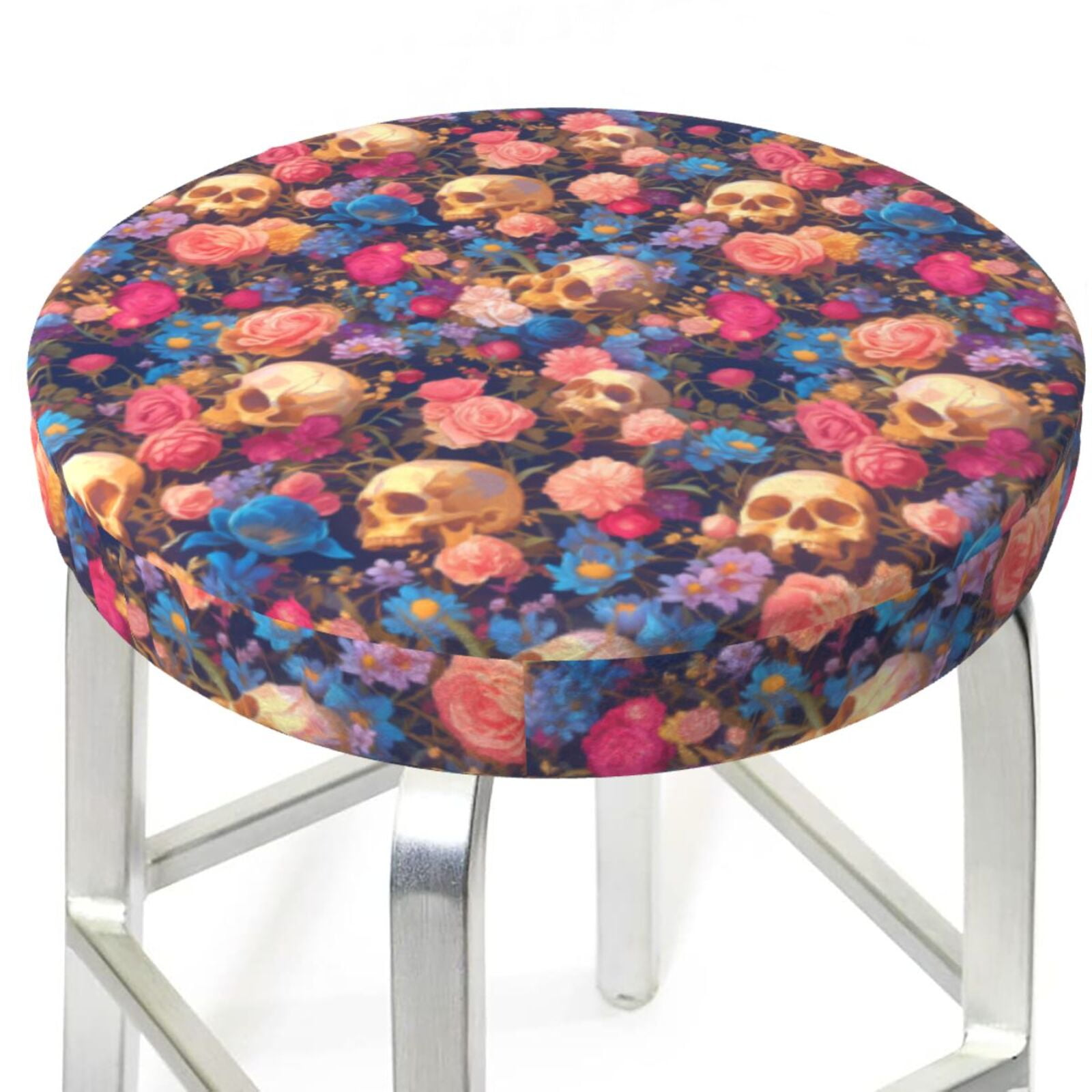 Skull colorful daisy Bar Stool Covers - Stretch Round Seat Covers with ...