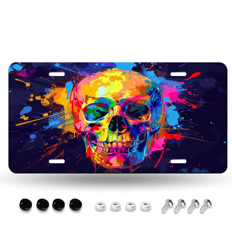 Skull in a Burst of Vivid Paint Splatters License Plate Frame ...