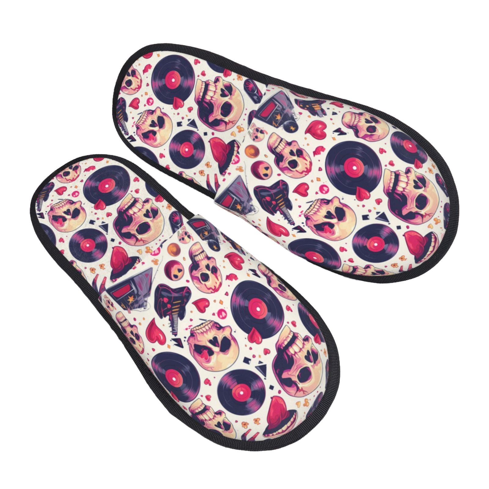 Skull lips record Guitar House Slippers for Women Indoor, Fuzzy Warm ...